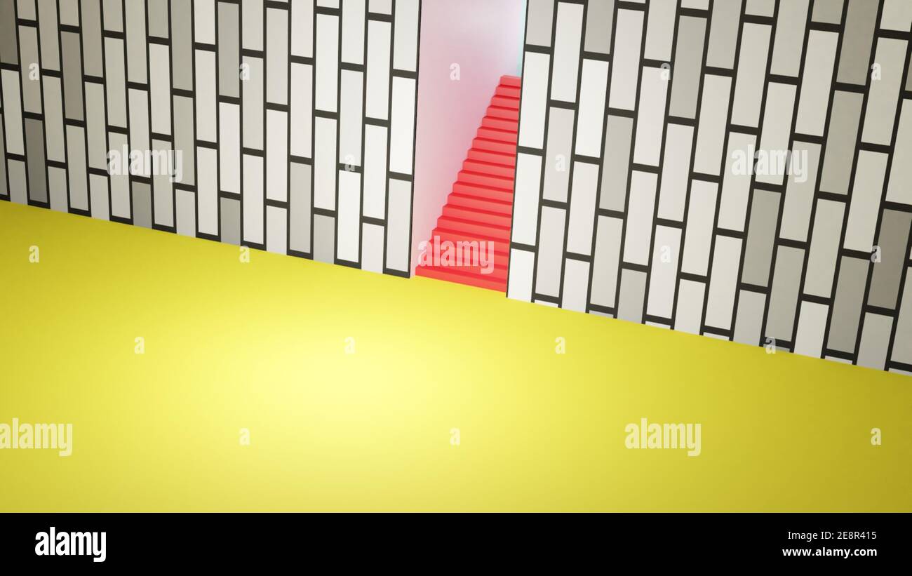 Brick wall with red stairs leading up seen through a yellow surface ...