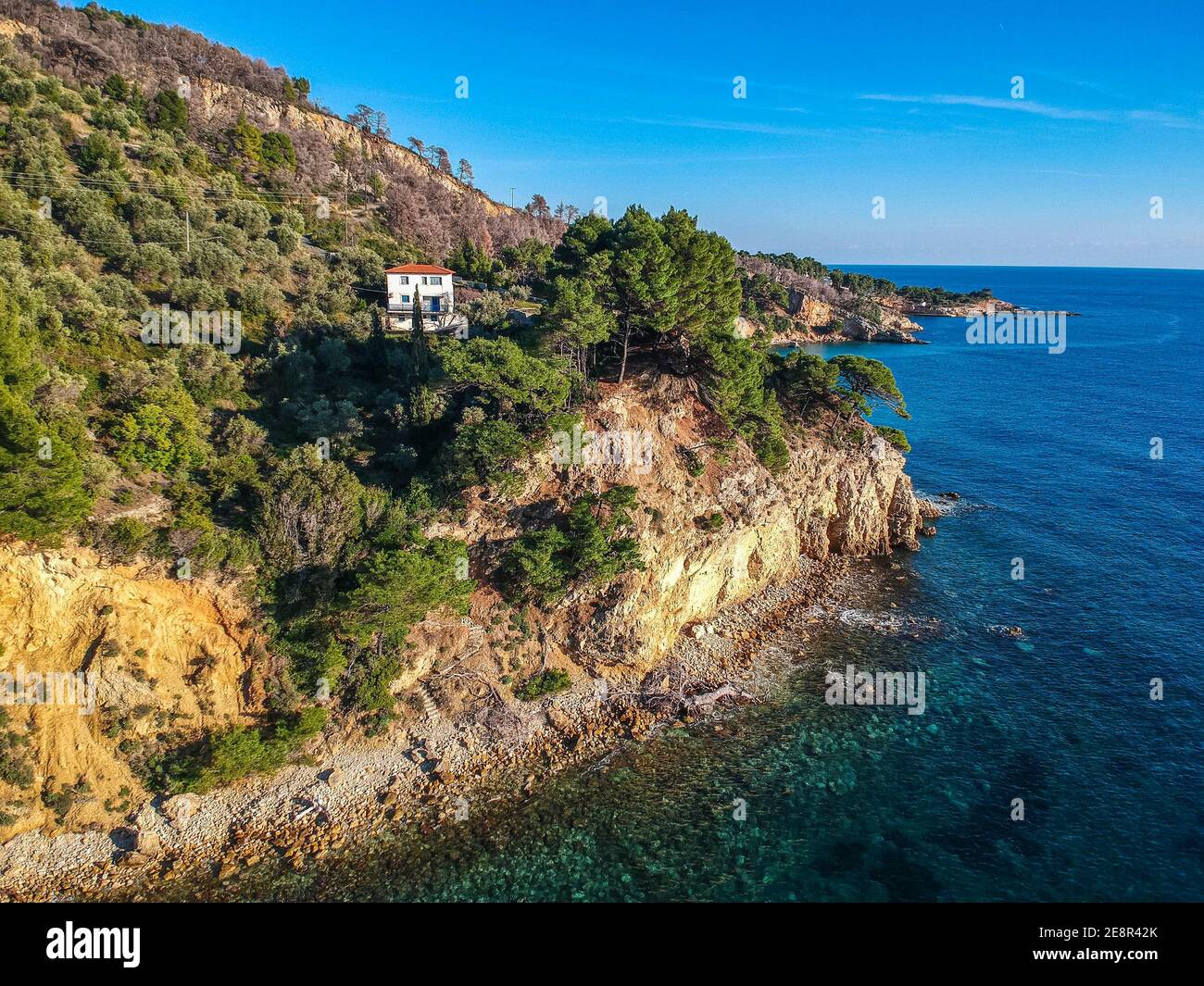 Aerial view over western Alonnisos island and the rock formation ...