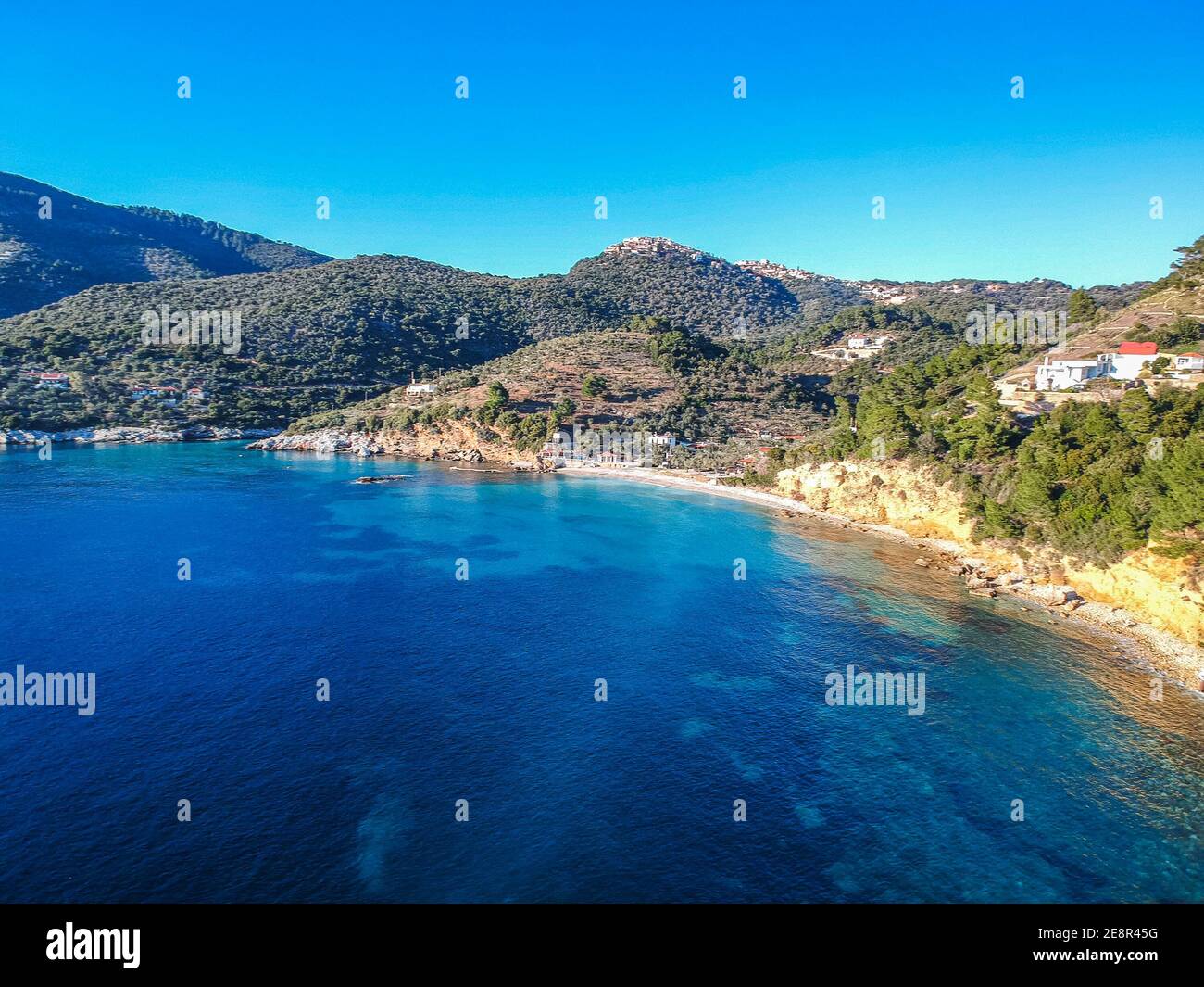 Aerial view over western Alonnisos island and the rock formation ...