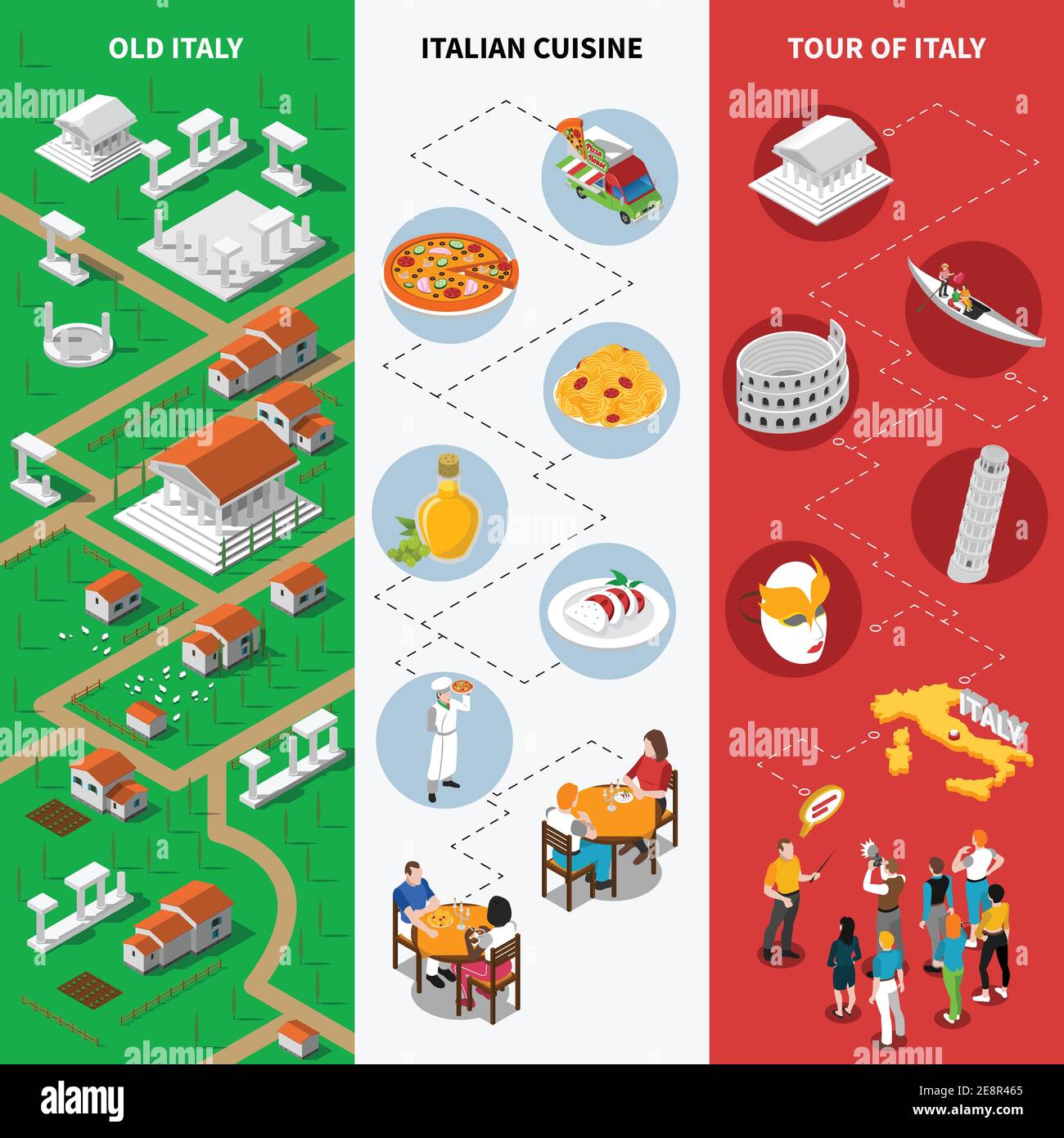Italy tourists attractions isometric pictorial guide 3 vertical banners ...