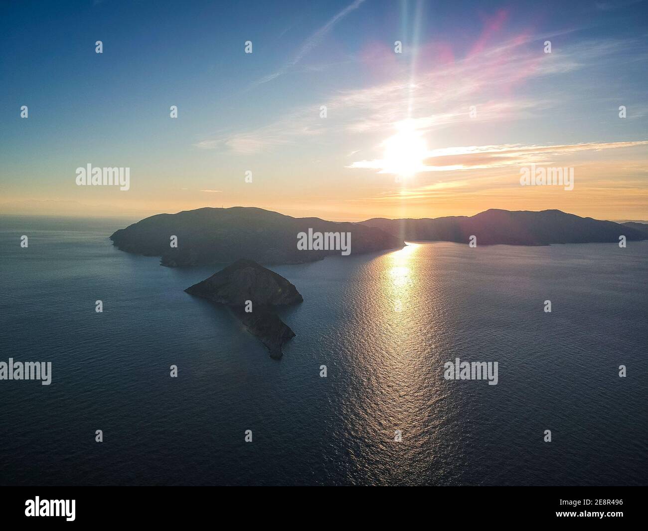 Aerial view over western Alonnisos island and the rock formation ...