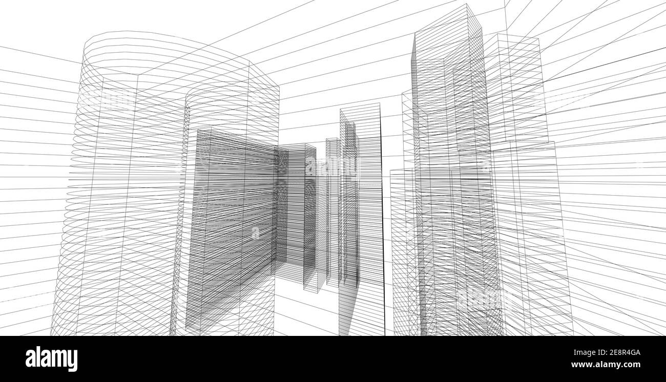 3D illustration architecture building perspective lines, modern urban ...