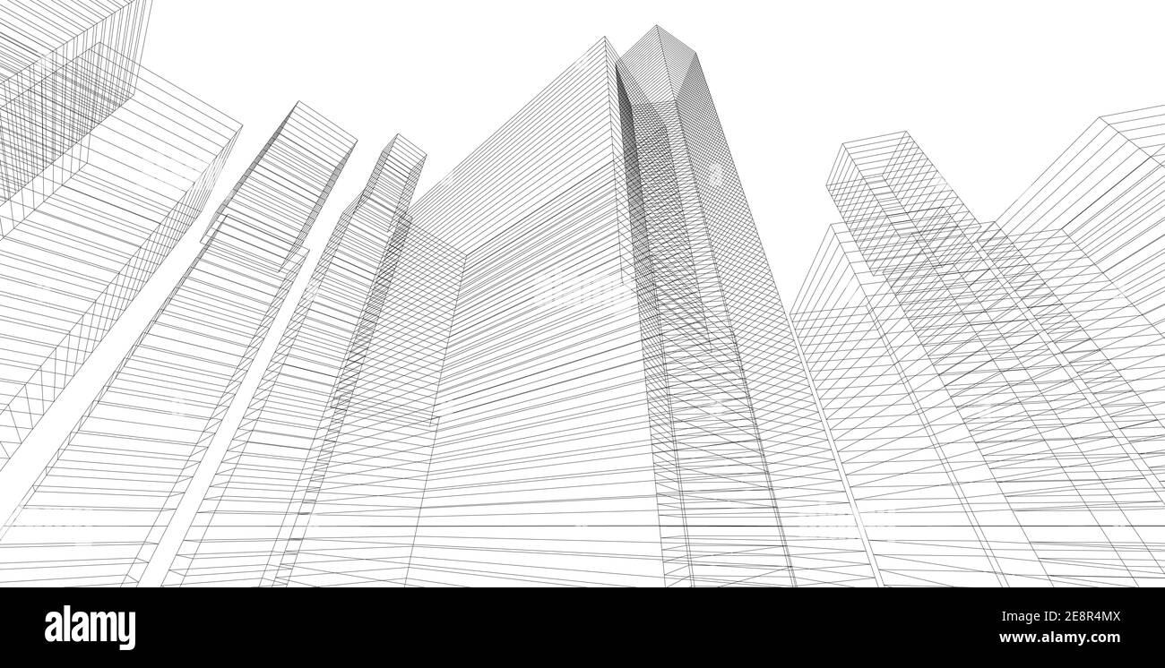 3D illustration architecture building perspective lines, modern urban ...