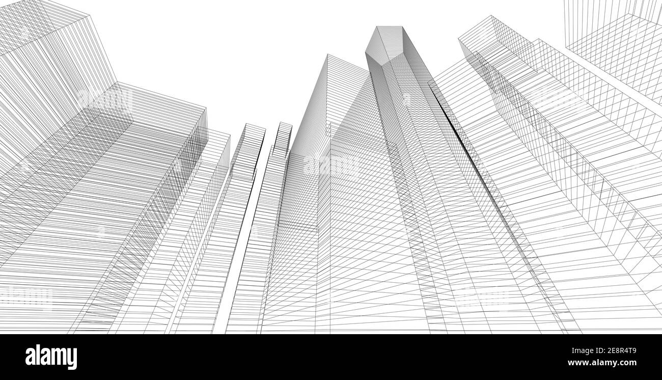 3D illustration architecture building perspective lines, modern urban ...