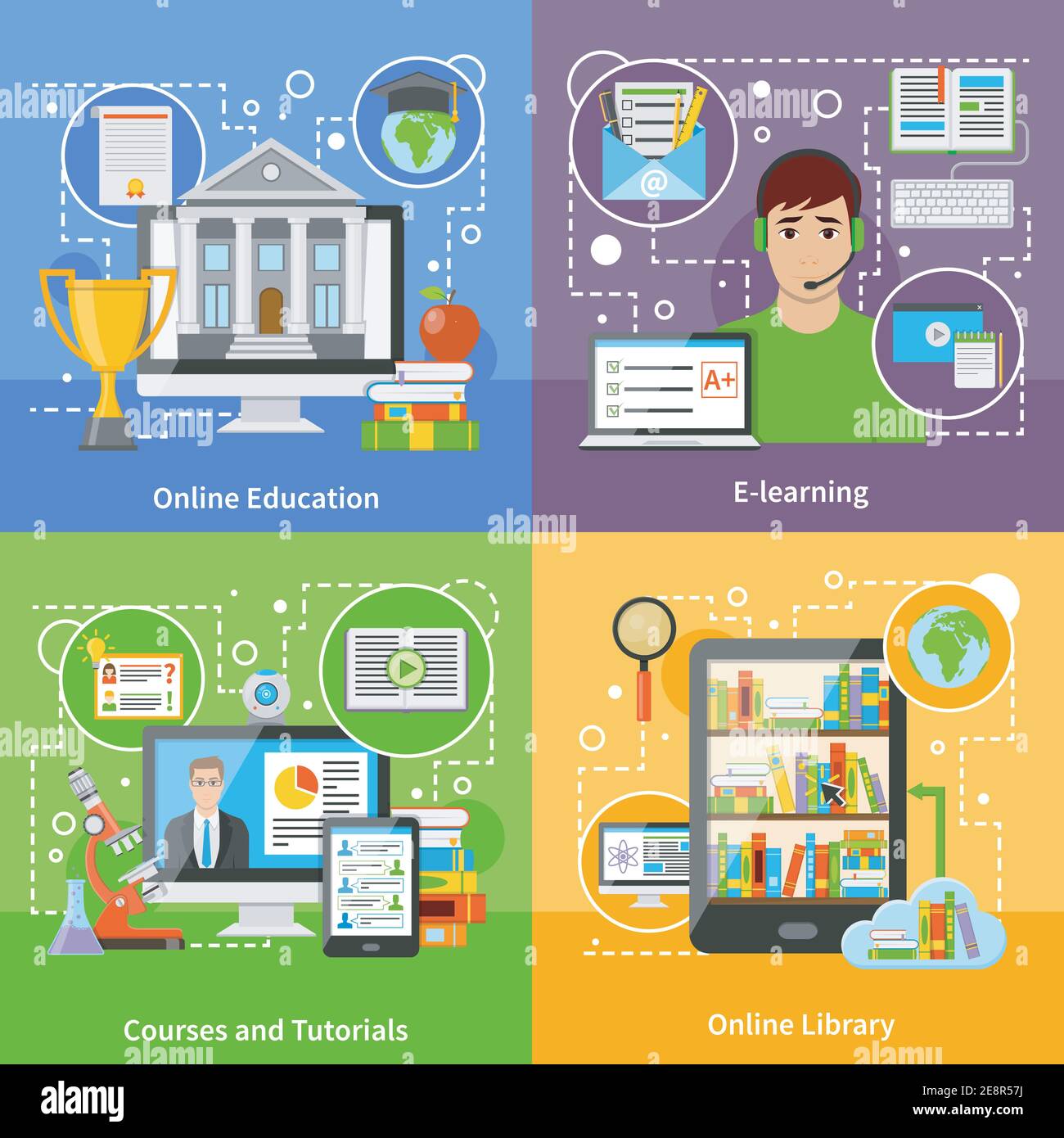 Online education for university degree diploma 4 flat icons square with ...