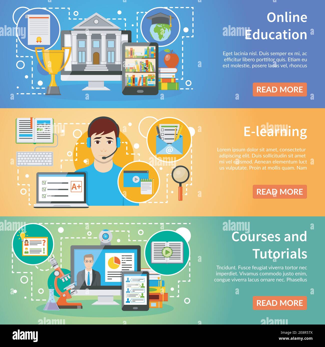 Online education information 3 flat horizontal banners set webpage ...