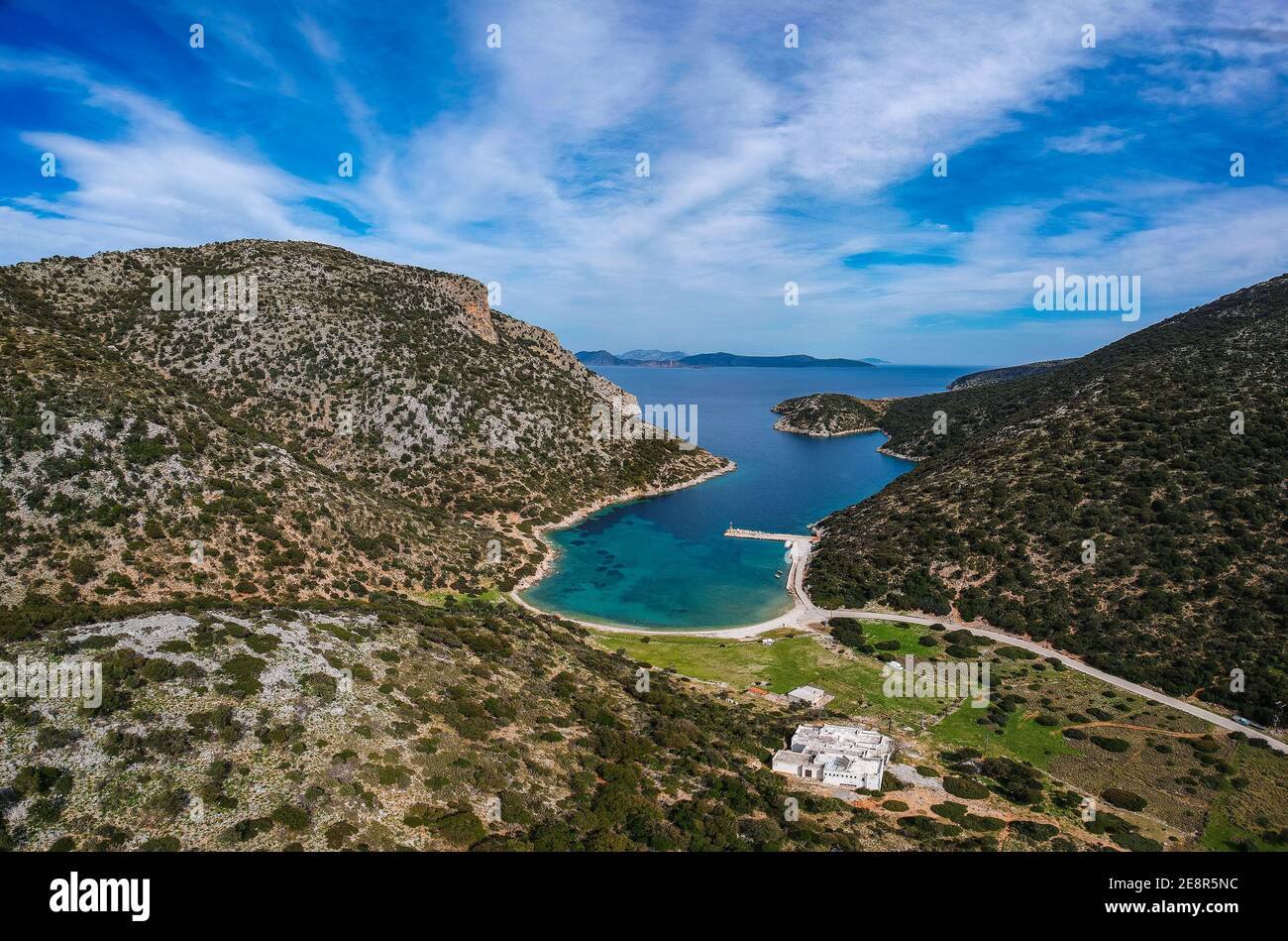 Aerial panoramic view of the picturesque old harbor Gerakas in northern ...
