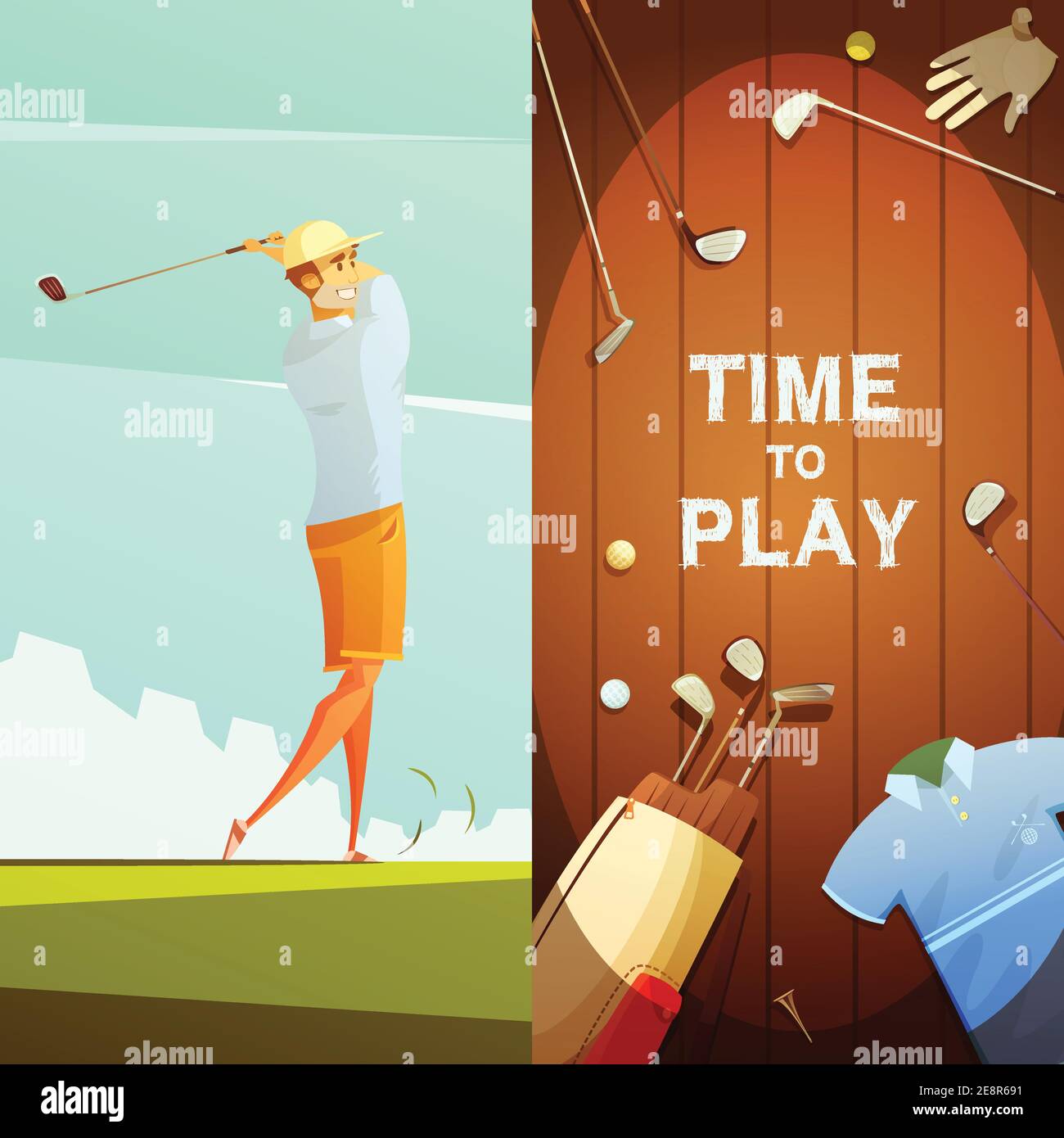 Time to play 2 retro cartoon banners with golf equipment composition ...