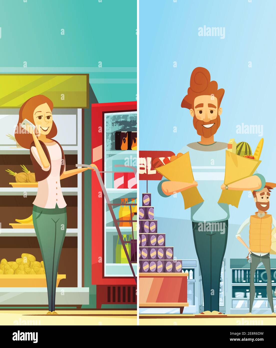 Supermarket shopping 2 retro cartoon vertical banners set with happy ...