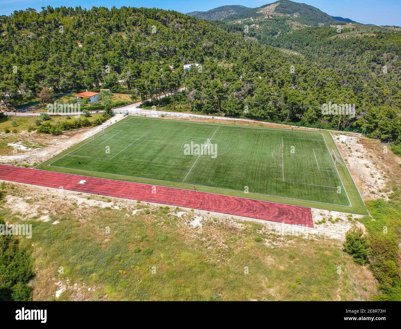 Real soccer field - Top down aerial view in Alonissos island, Greece ...