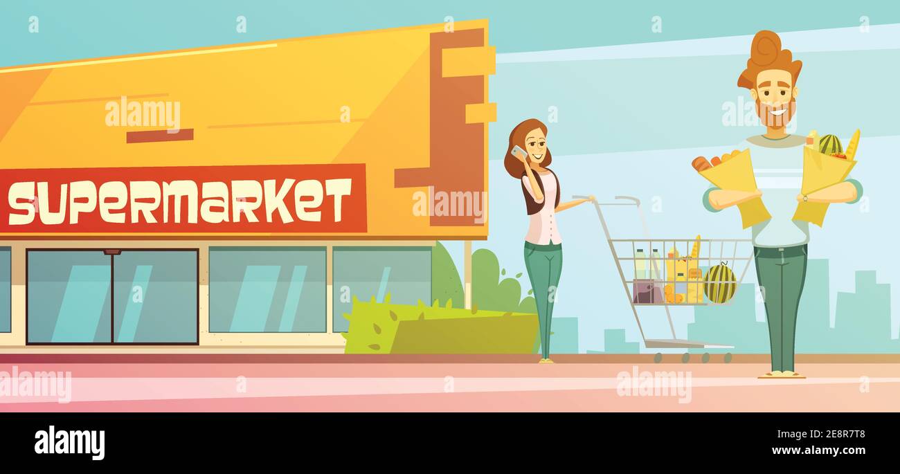 Family supermarket grocery shopping retro cartoon poster with store ...