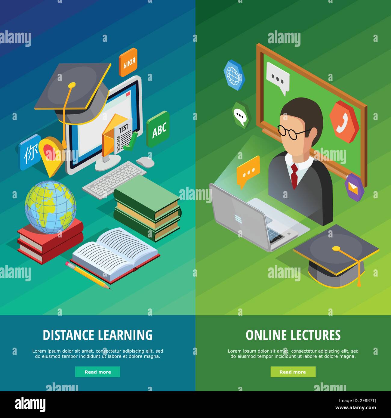 Online learning vertical banners set with distance learning symbols ...