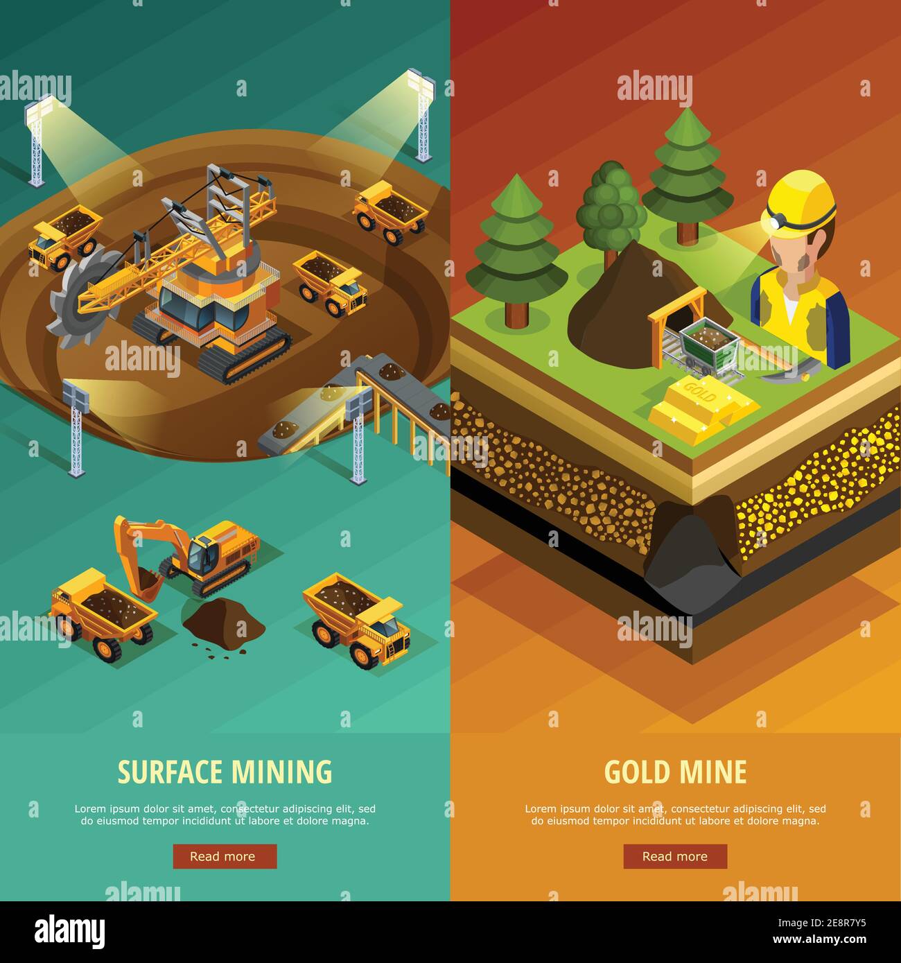 Mining vertical banners set with surface mining symbols isometric ...