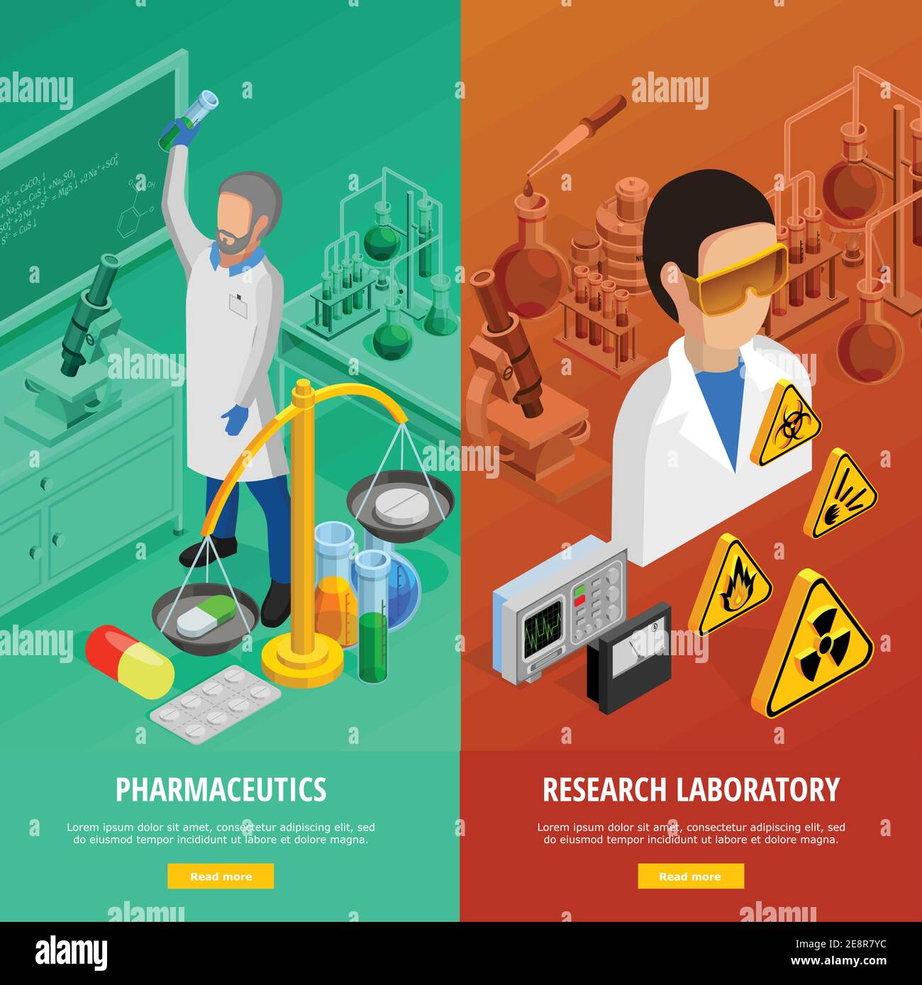 Science vertical banners set with research laboratory symbols isometric ...