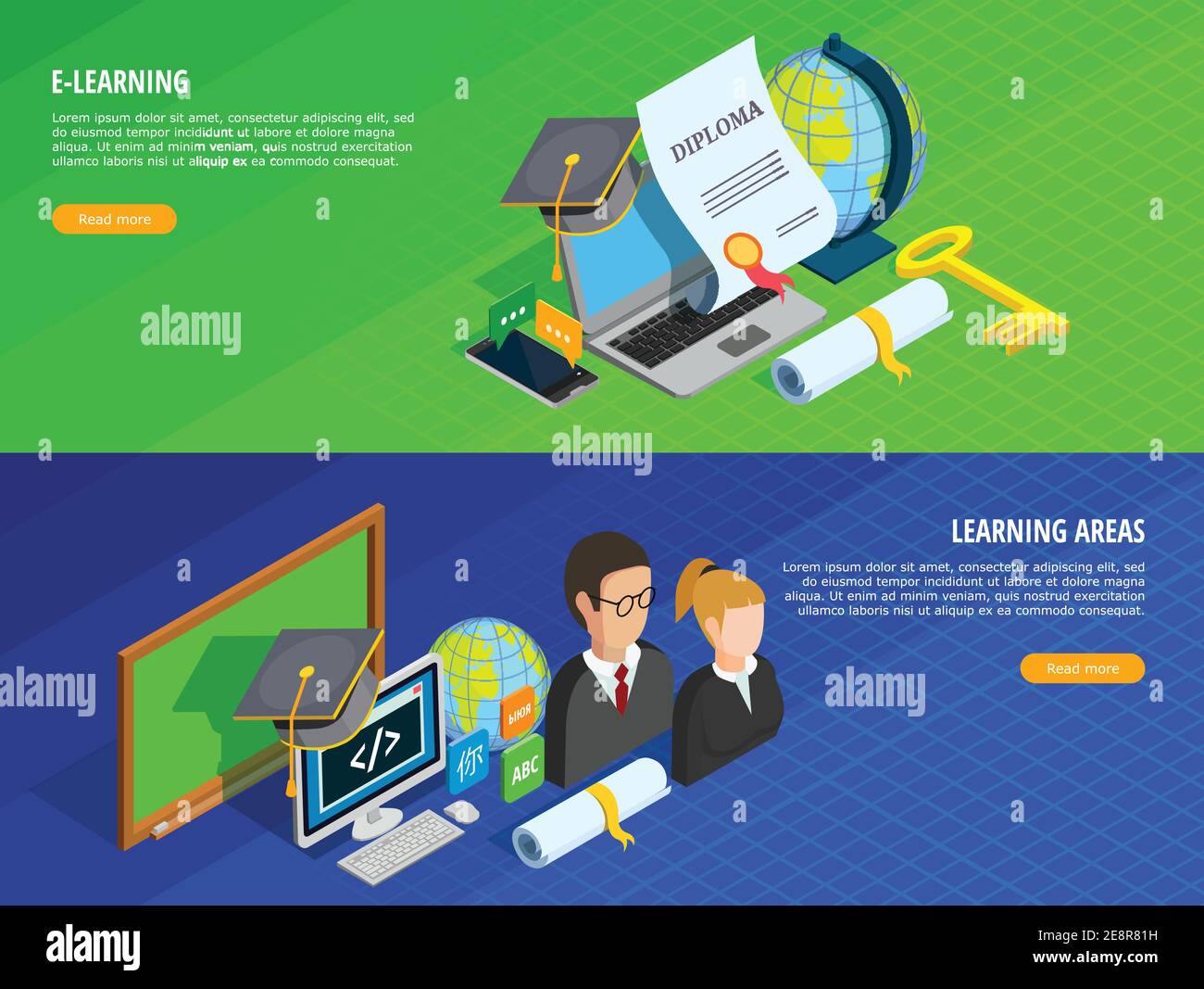 E-learning isometric horizontal banners set with learning areas symbols ...