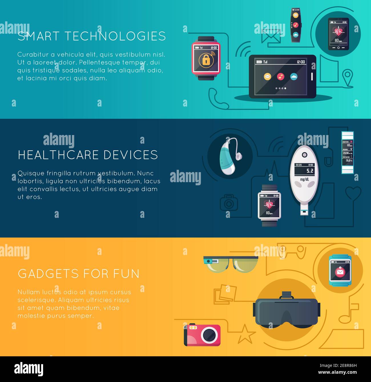 Wearable technology gadgets 3 flat horizontal banners set with ...