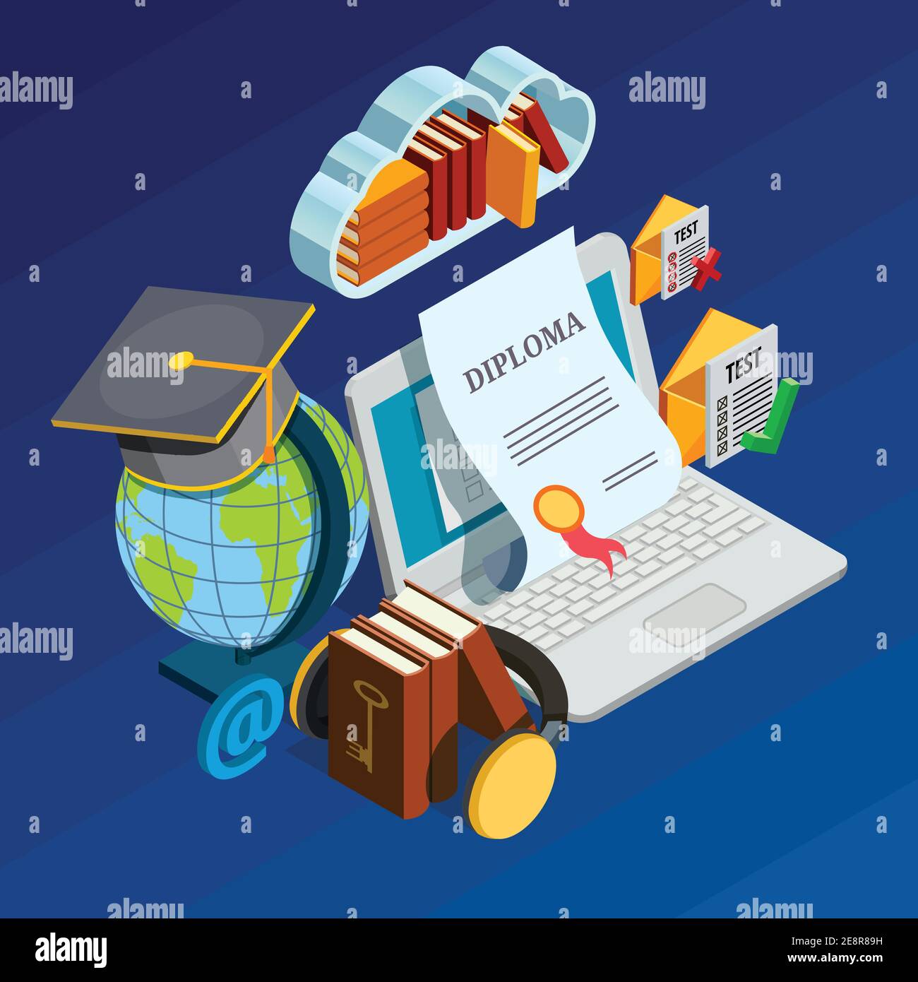 Online learning isometric concept with education symbols on blue ...