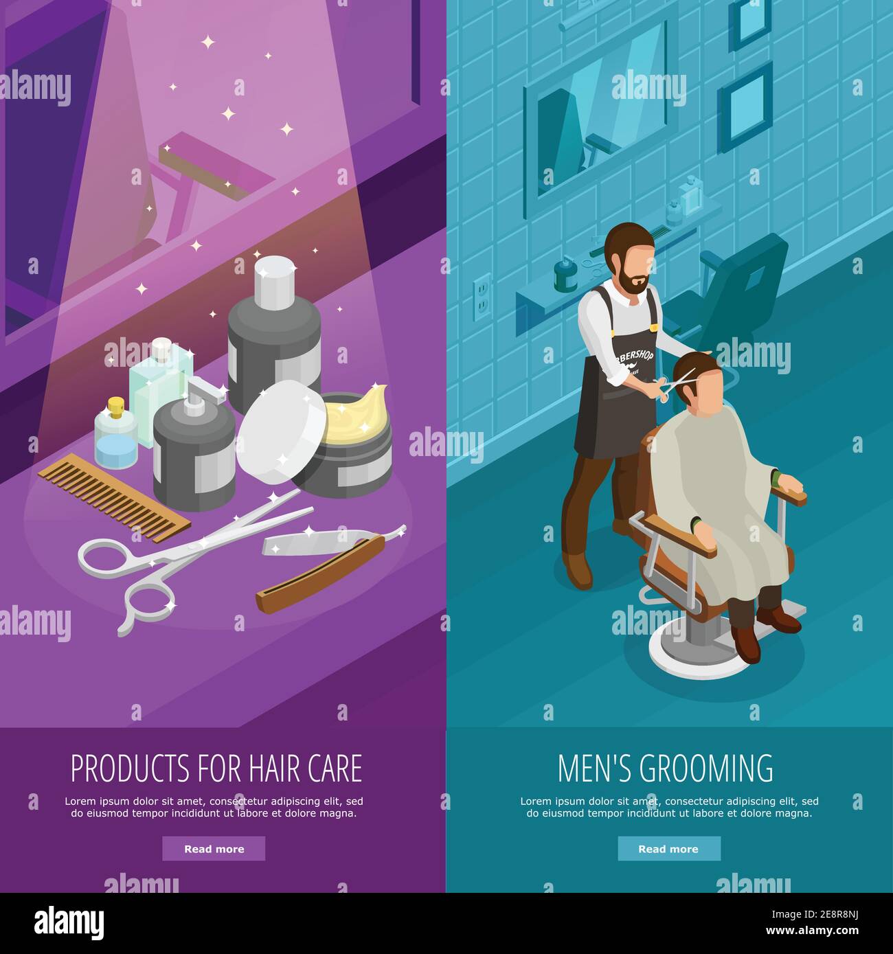 Barbershop isometric vertical banners set with grooming symbols ...