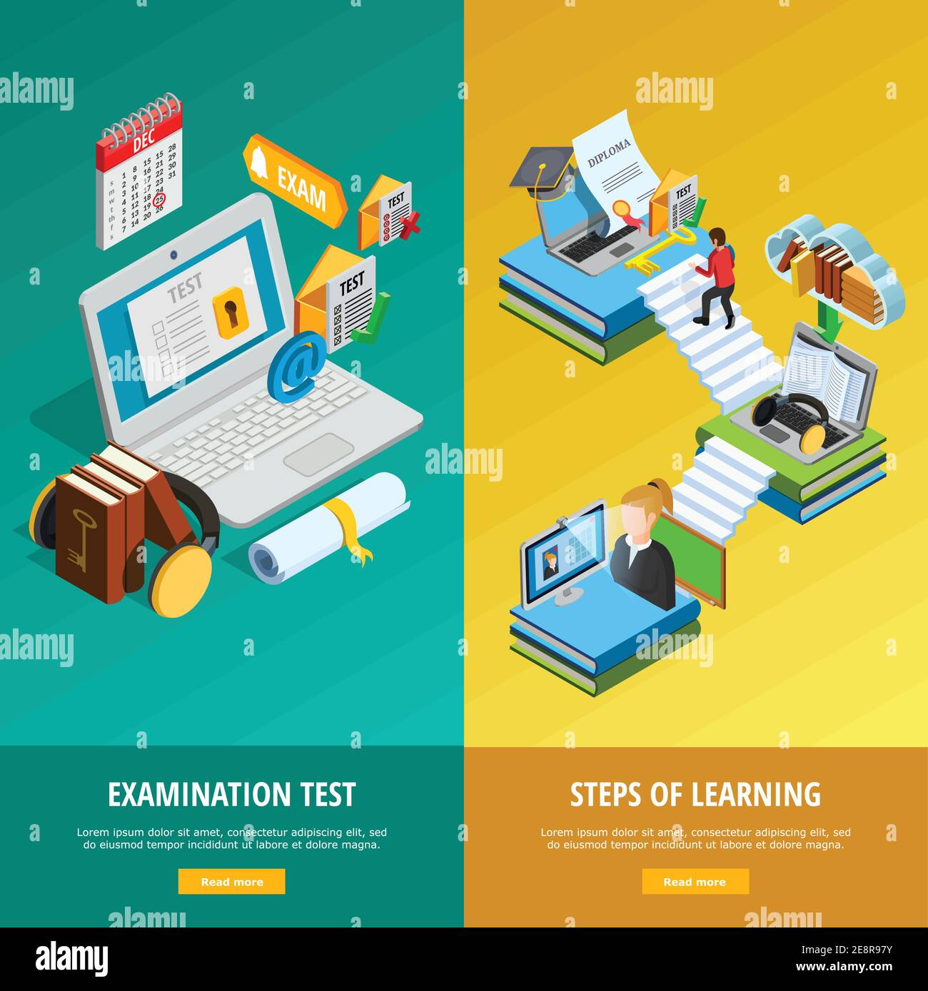 E-learning isometric vertical banners set with test symbols isolated ...