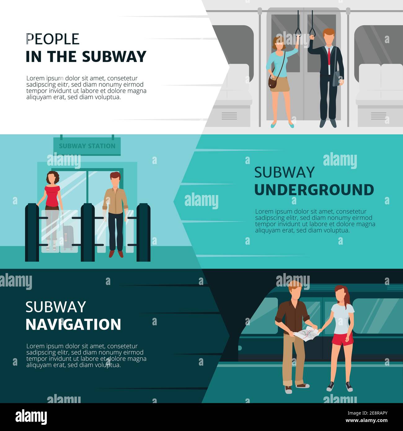 FLat design horizontal banners with people inside subway train and ...
