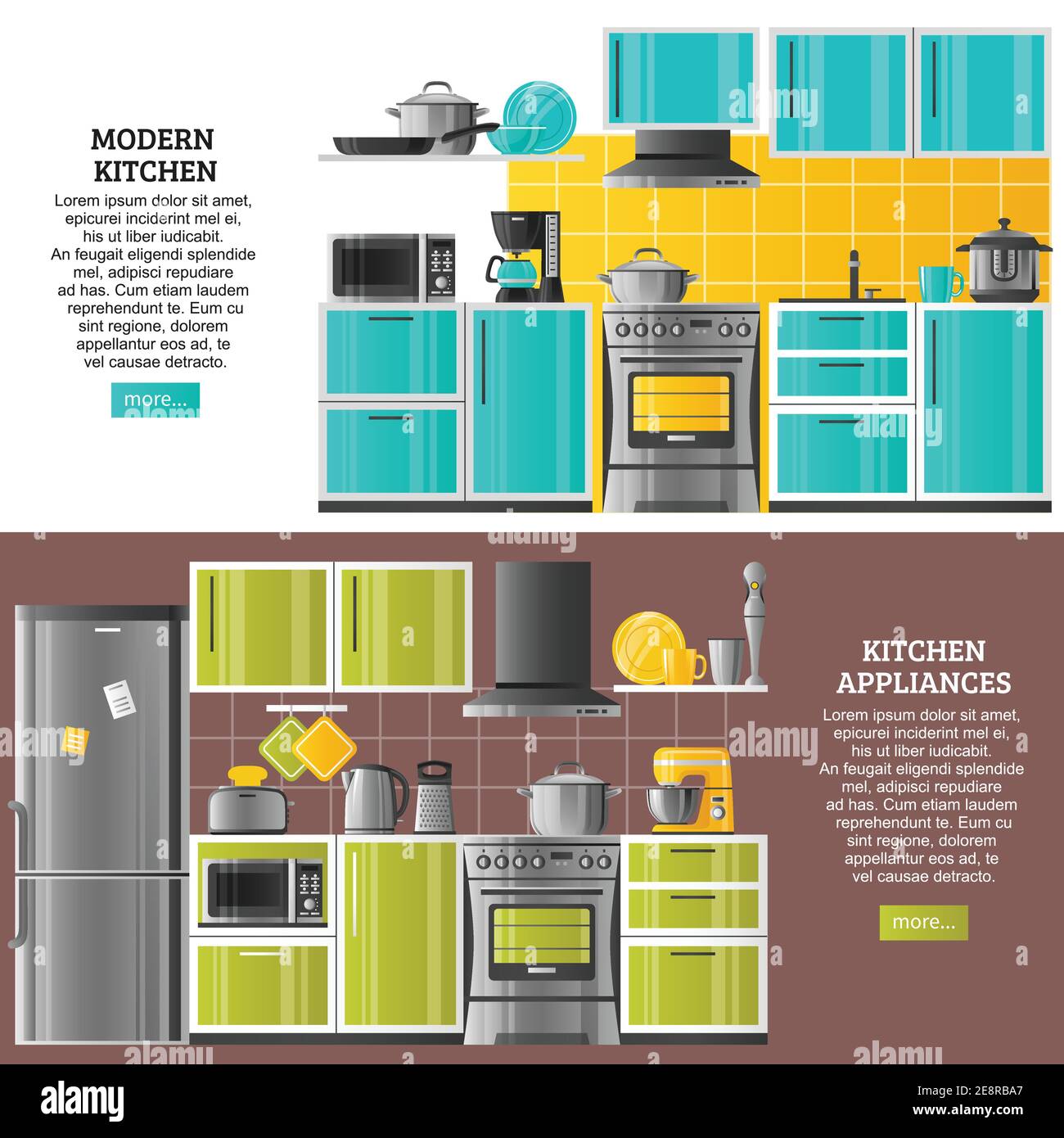 Kitchen interior horizontal banners in realistic style with modern ...