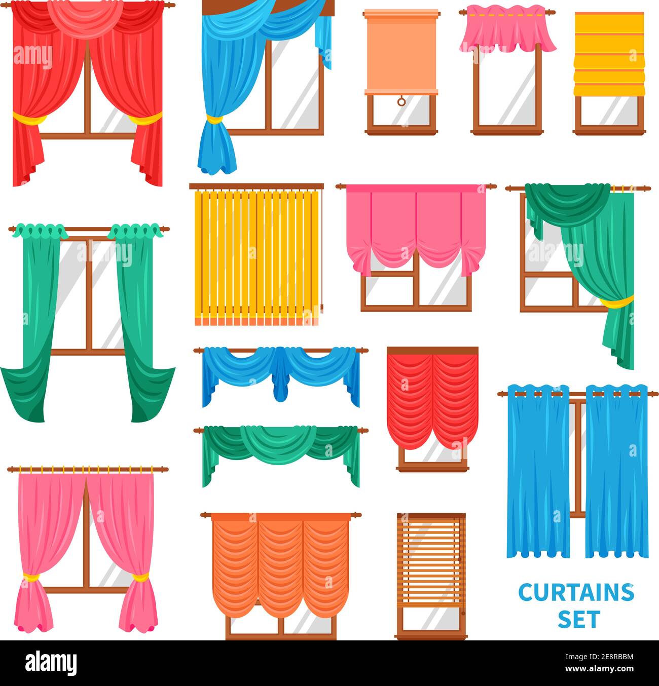 Window colored curtains and blinds flat set for office and creative ...