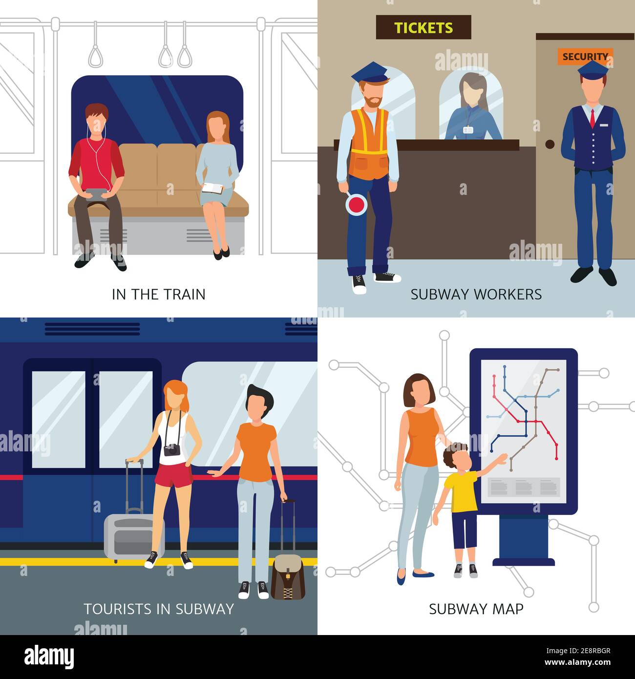 Subway design concept with workers tourists and people in train flat ...