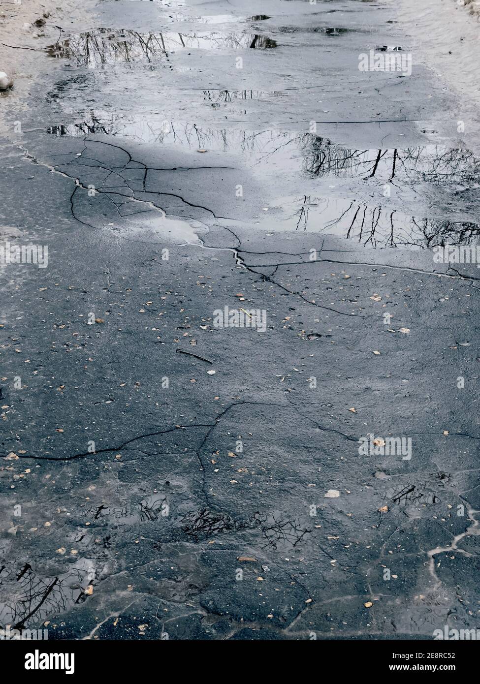 Close up of walkway with puddles in spring season. Destroyed road with ...