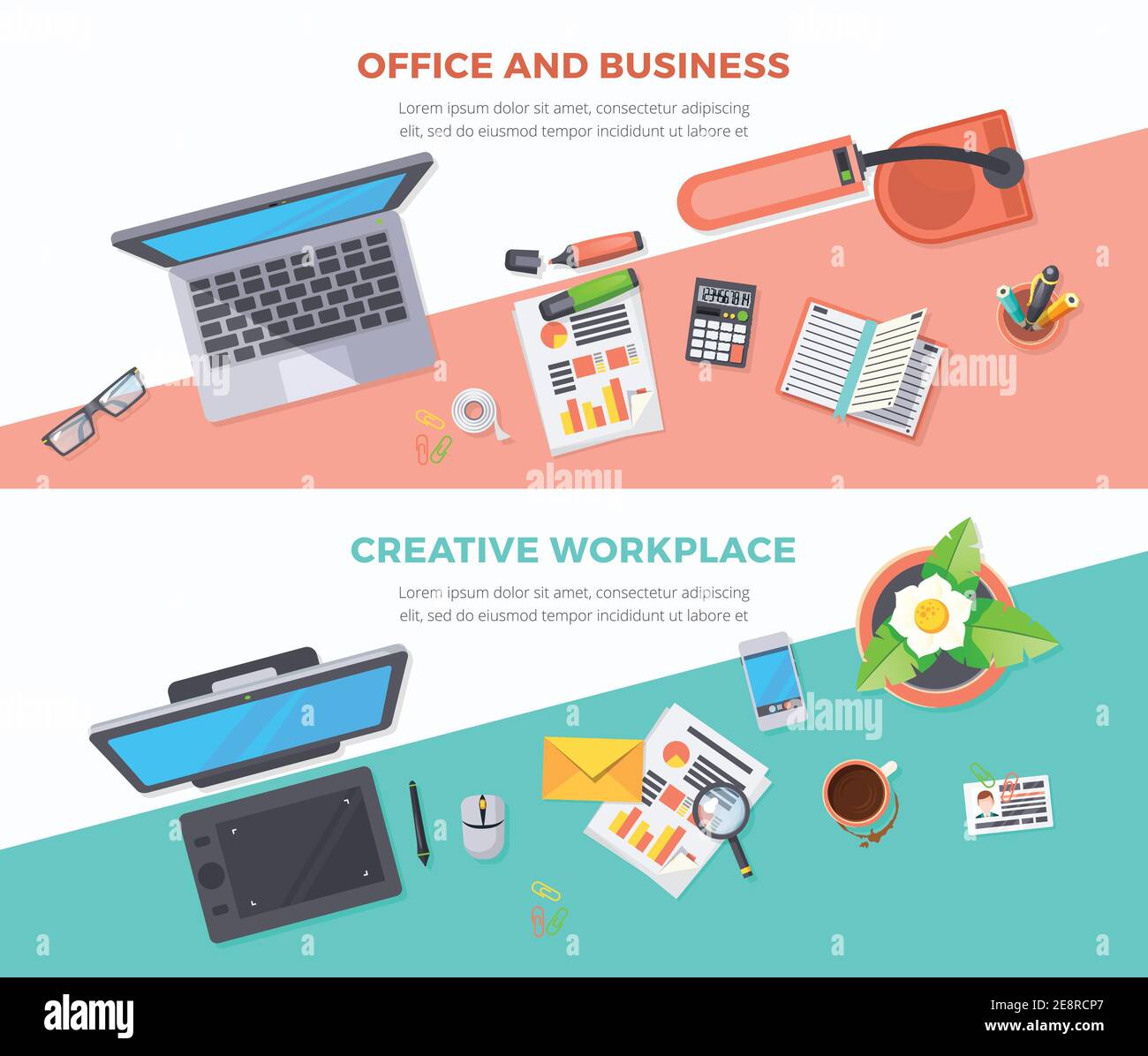 Horizontal banners of top view workplace office with related items two ...