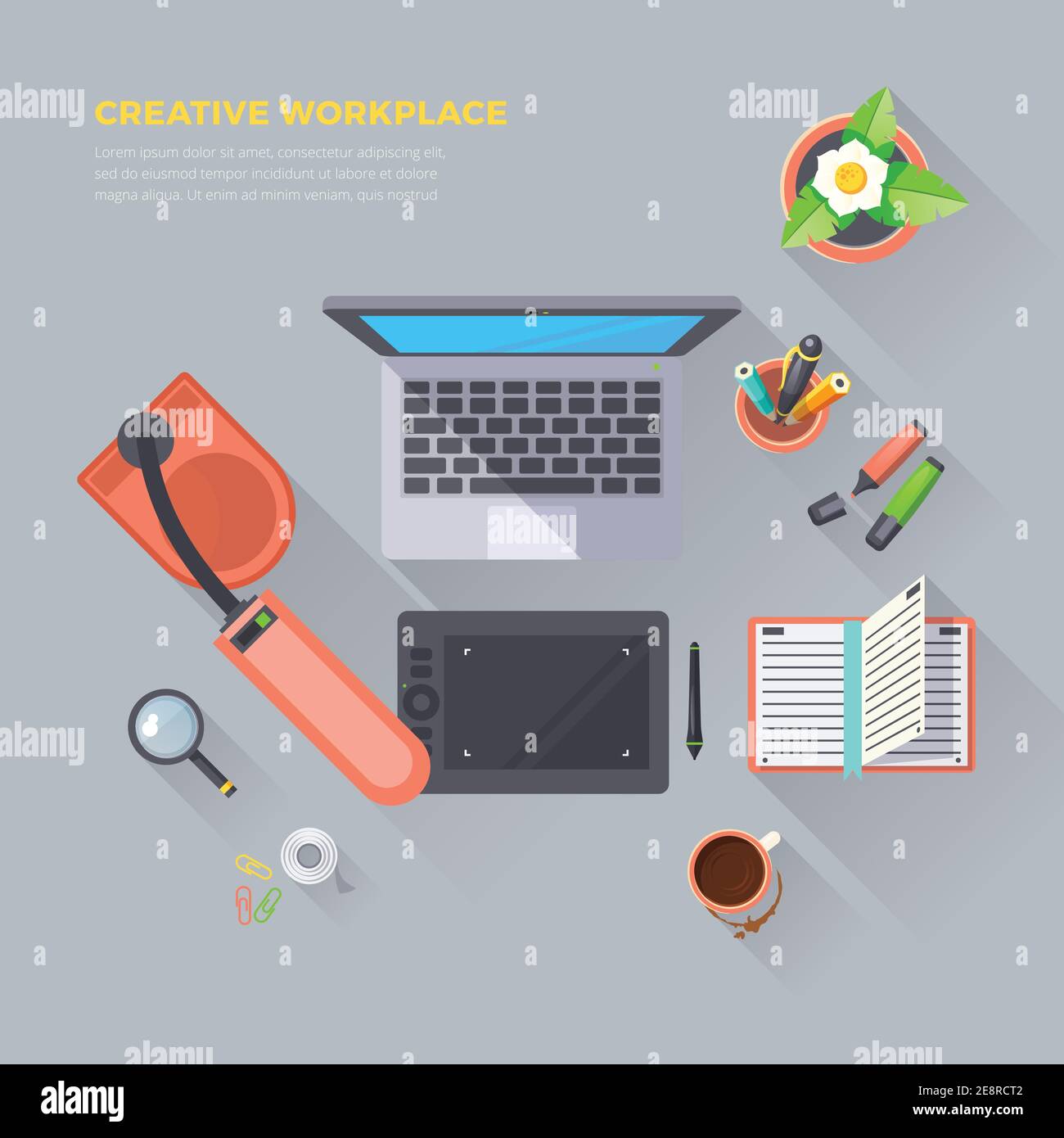 Creative workplace objects top view on grey background flat isolated ...