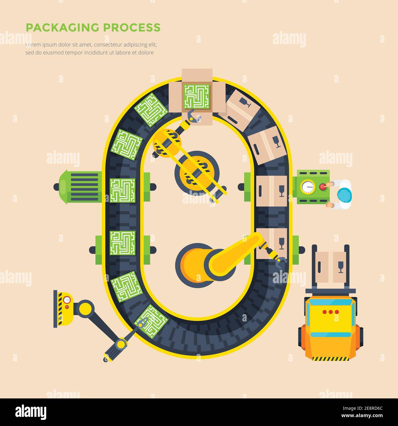 Packaging line top view poster with automatic conveyor and micro scheme ...