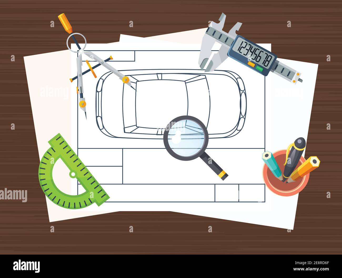 Top view poster of car production line element with drawing scheme ...