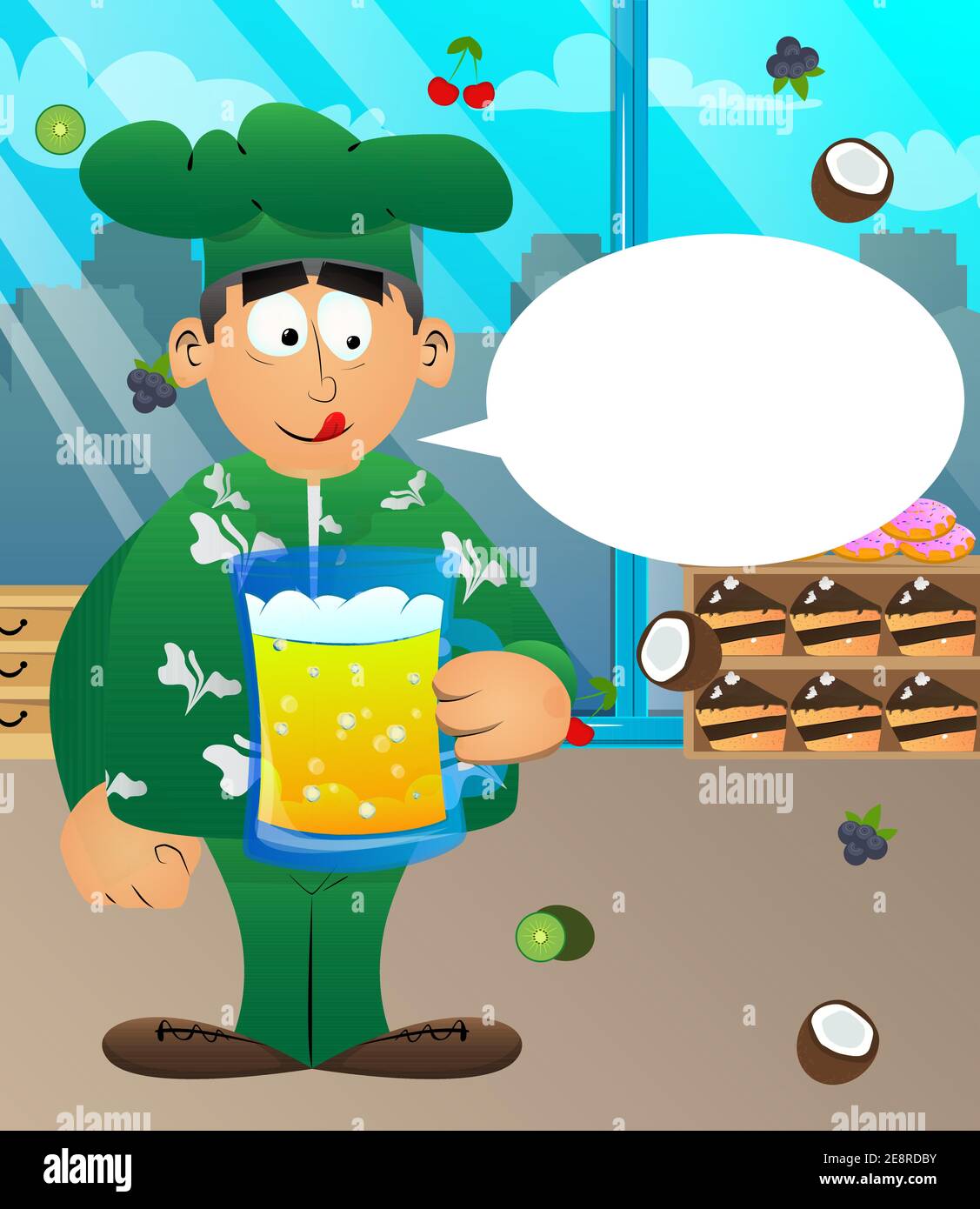 Fat male cartoon chef in uniform drinking beer. Vector illustration ...