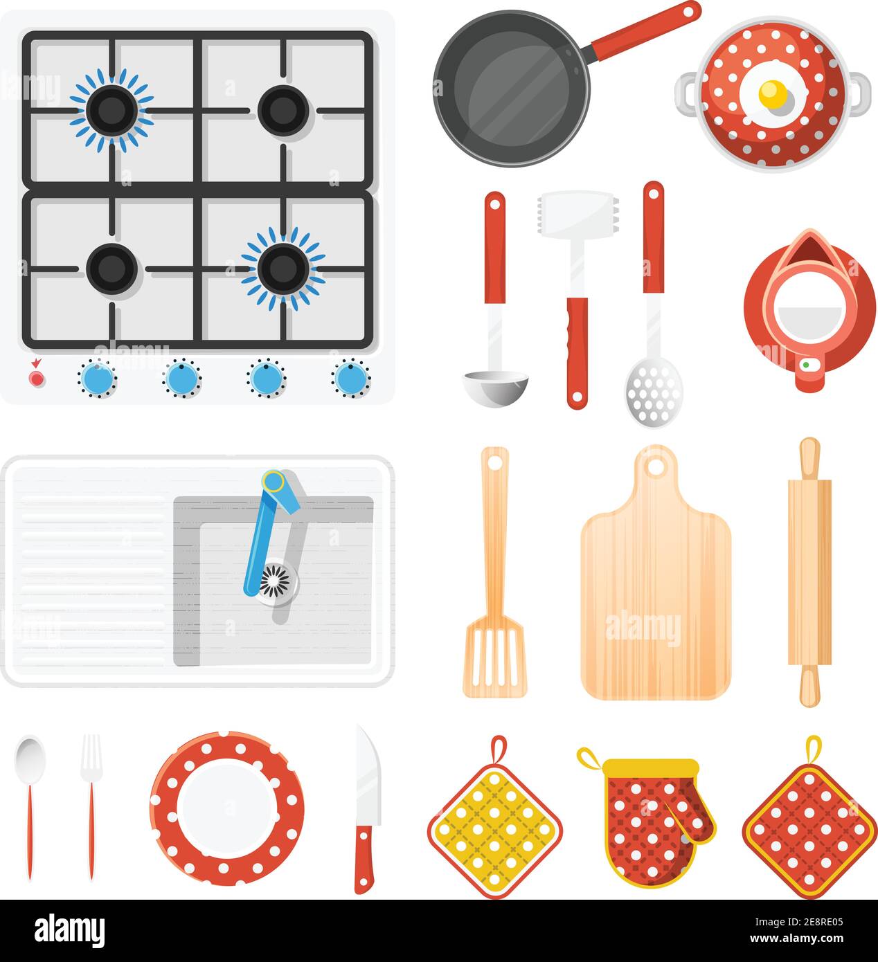 Kitchen utensils top view icons set with cooker fork and knife flat ...