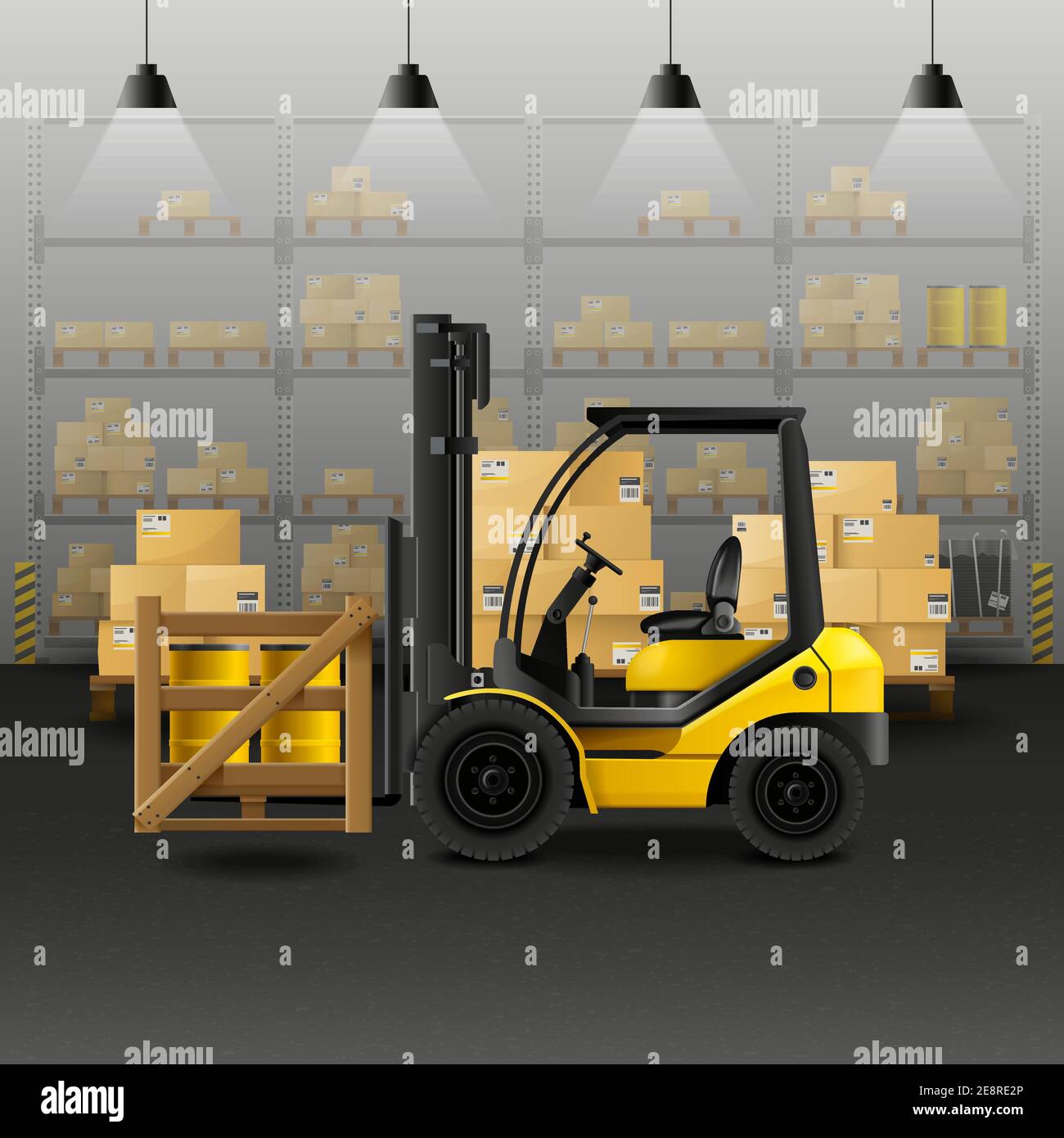 Warehouse realistic composition with forklift storage and cargo boxes ...