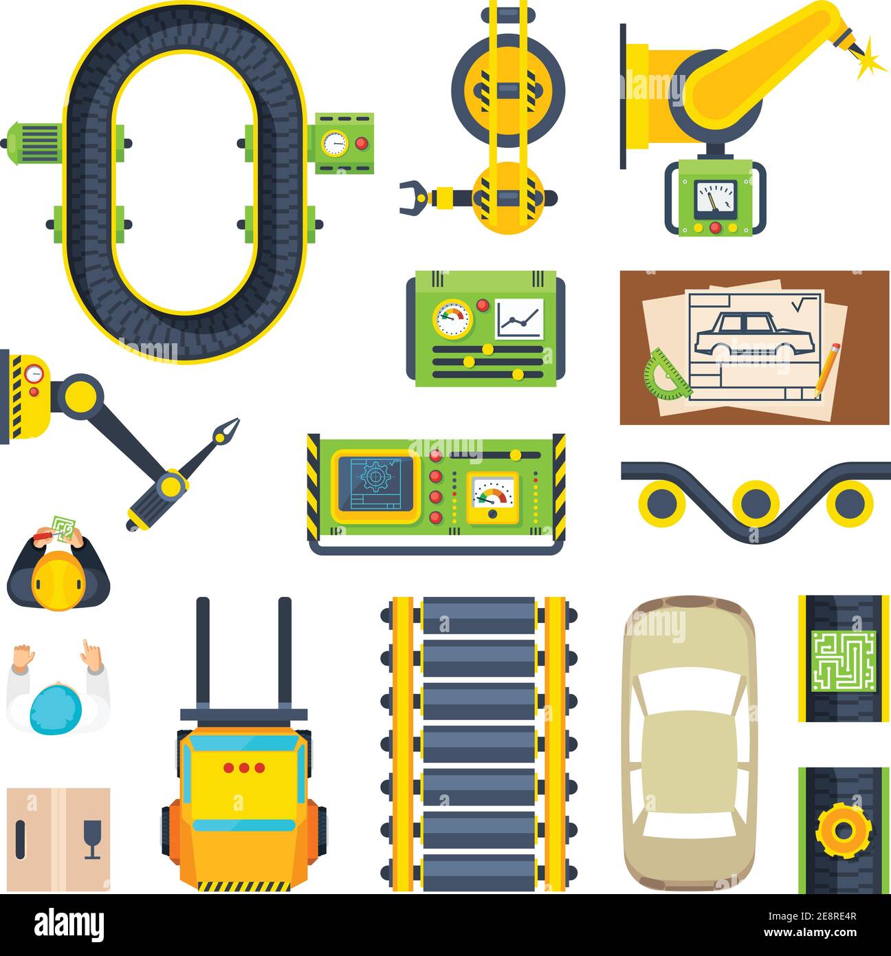 Flat icon set of car production line elements from conveyor engines to ...