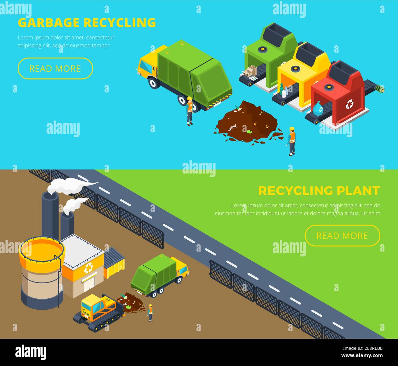 Horizontal isometric banners of garbage recycling with sorting lines ...