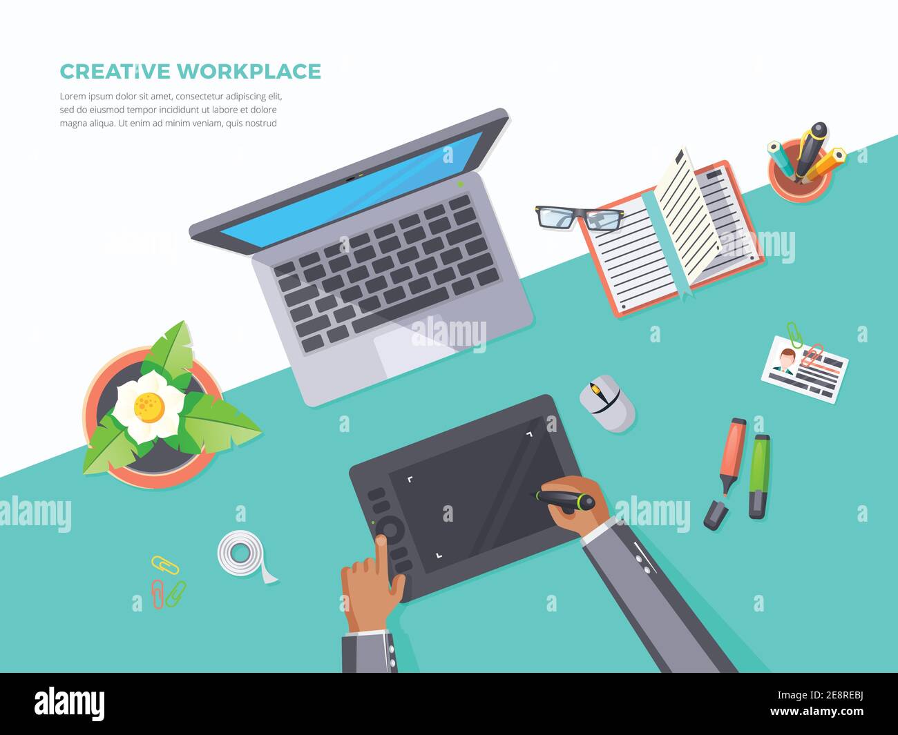 Flat poster of top view creative workplace office with notebook ...