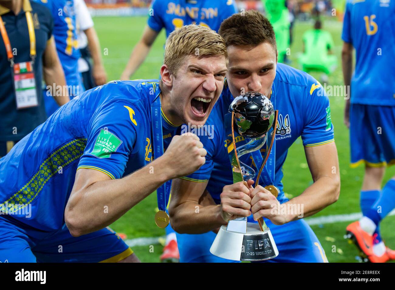 Danylo Beskorovainyi and Denys Ustymenko of Ukraine celebrate with the ...