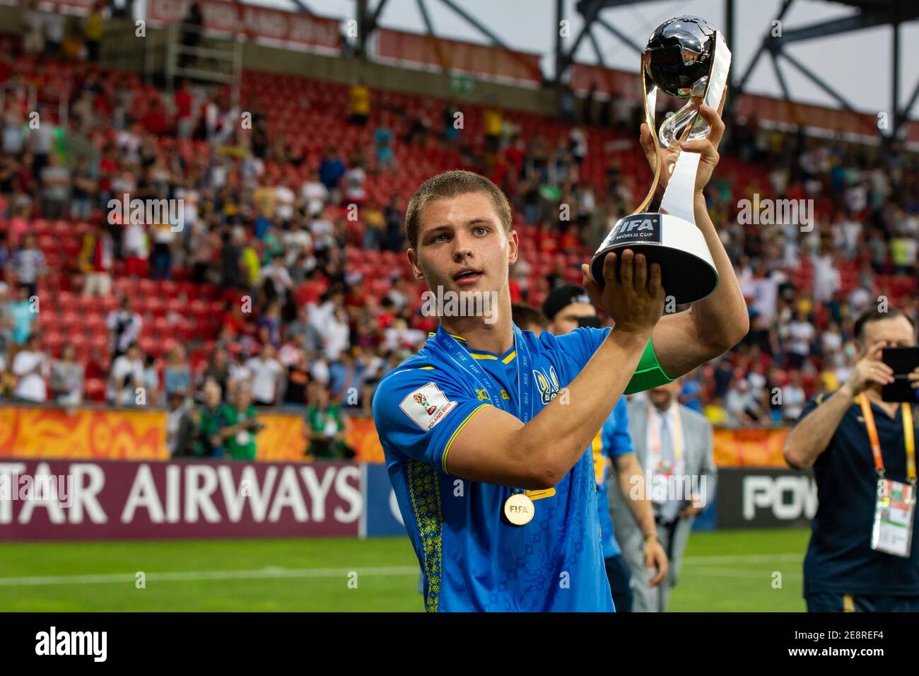 Valerii Bondar of Ukraine holds the trophy after the 2019 FIFA U-20 ...