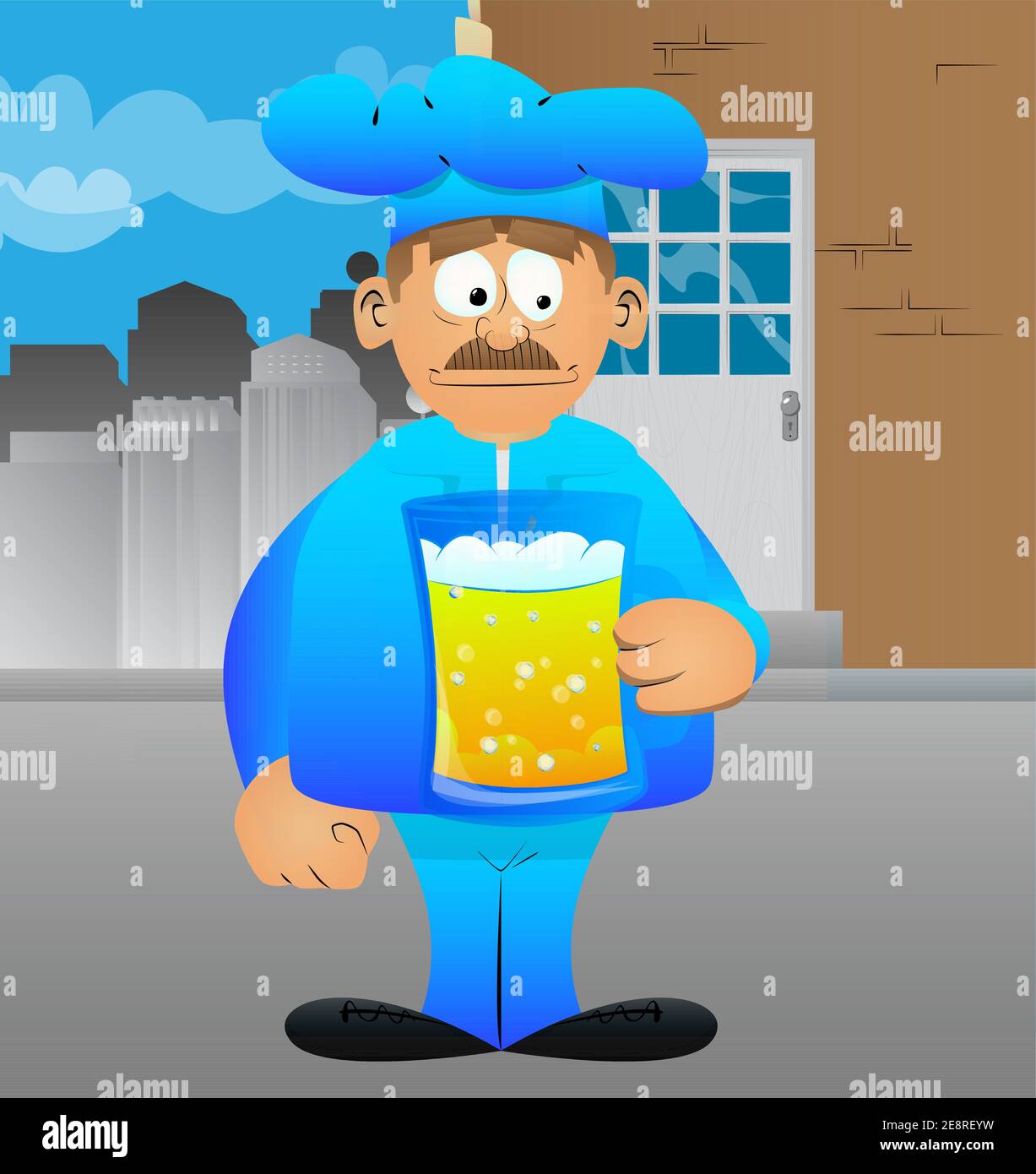 Fat male cartoon chef in uniform drinking beer. Vector illustration ...