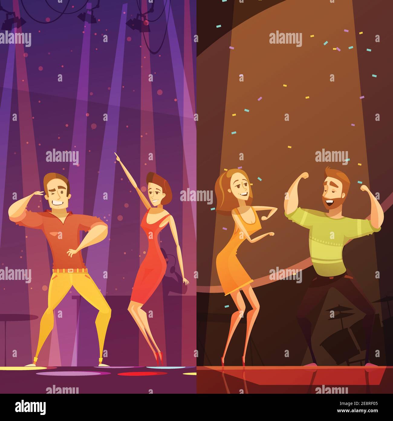 Two young couples dancing in colorful spotlights at disco club night ...