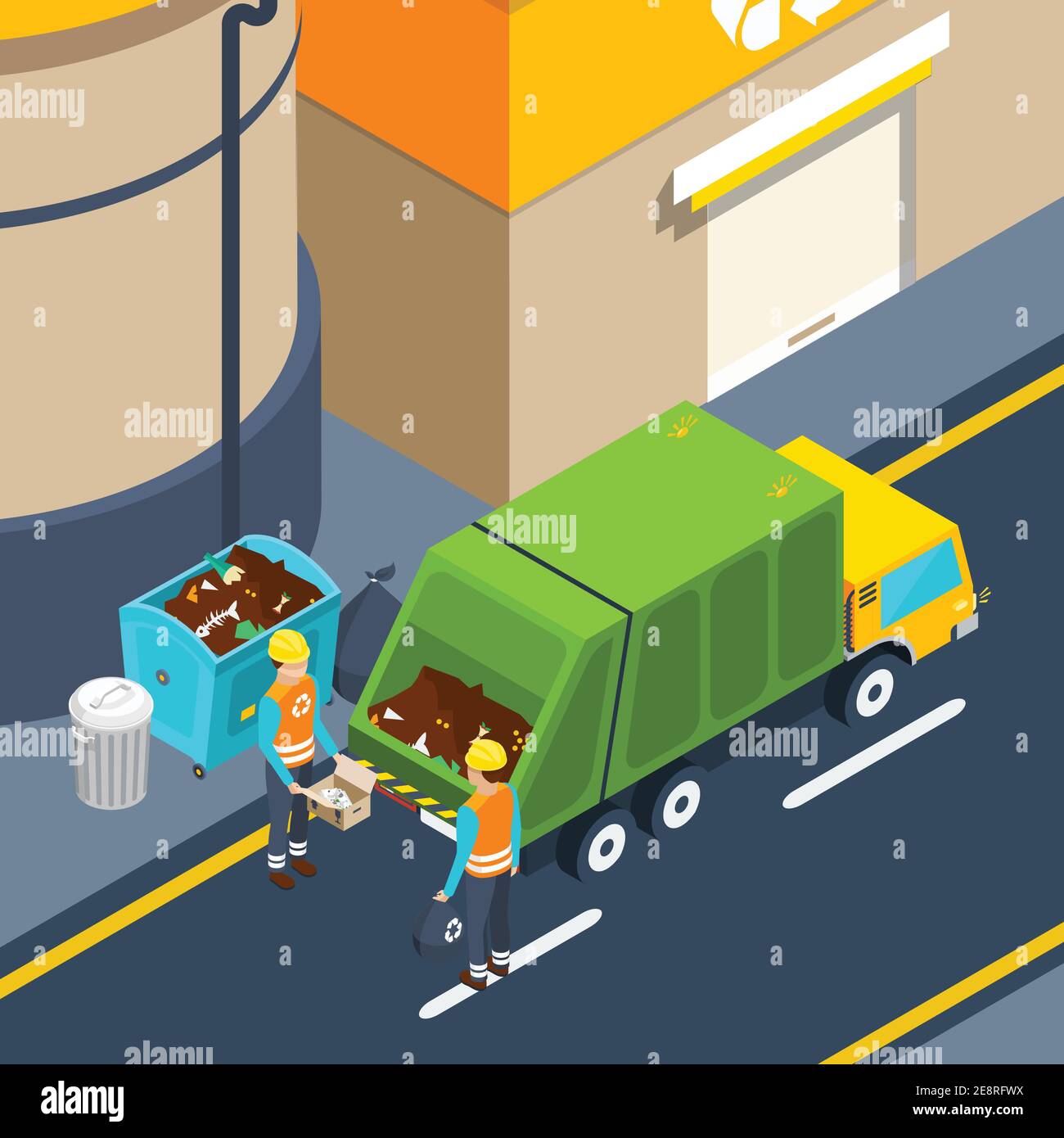 Scene of garbage collectors at work with waste container and special ...