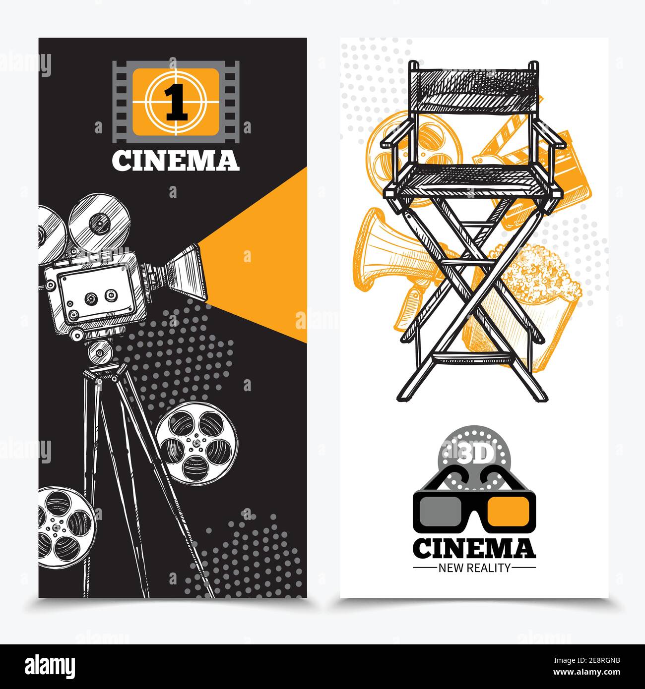 Cinema vertical banners with camera tape director chair and 3d glasses ...