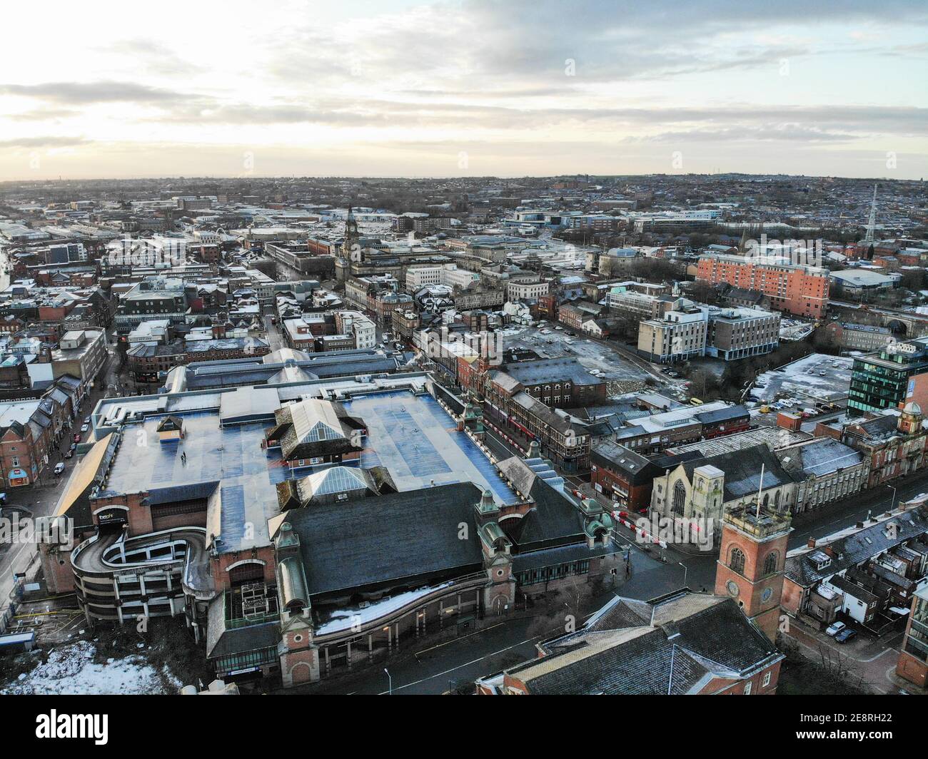 (Editor’s note: image taken by a drone) Sunrise over the city of Bolton ...