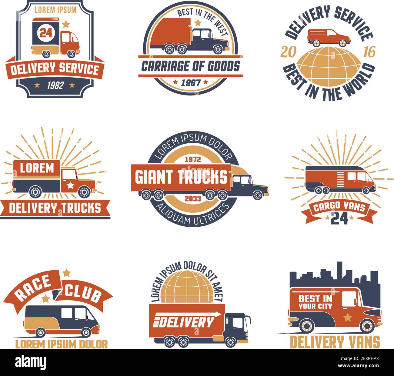 Flat set of colorful logos and emblems for different delivery services ...