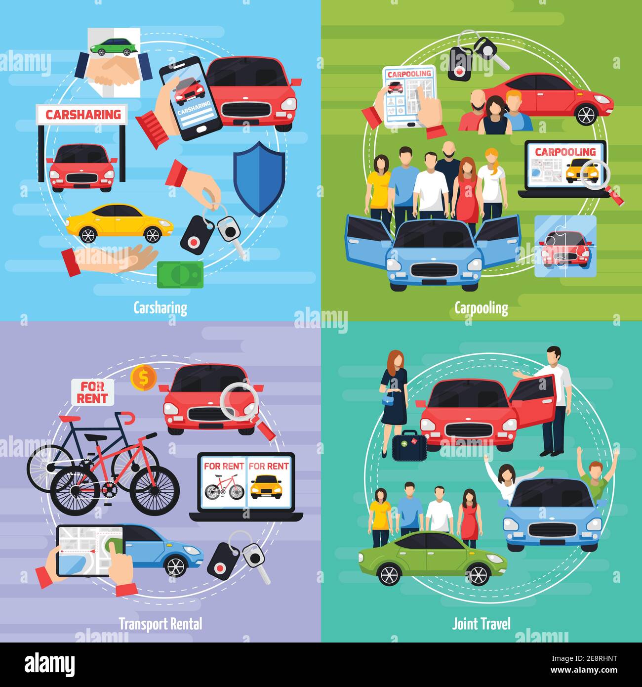 Carsharing concept icons set with joint travel symbols flat isolated ...