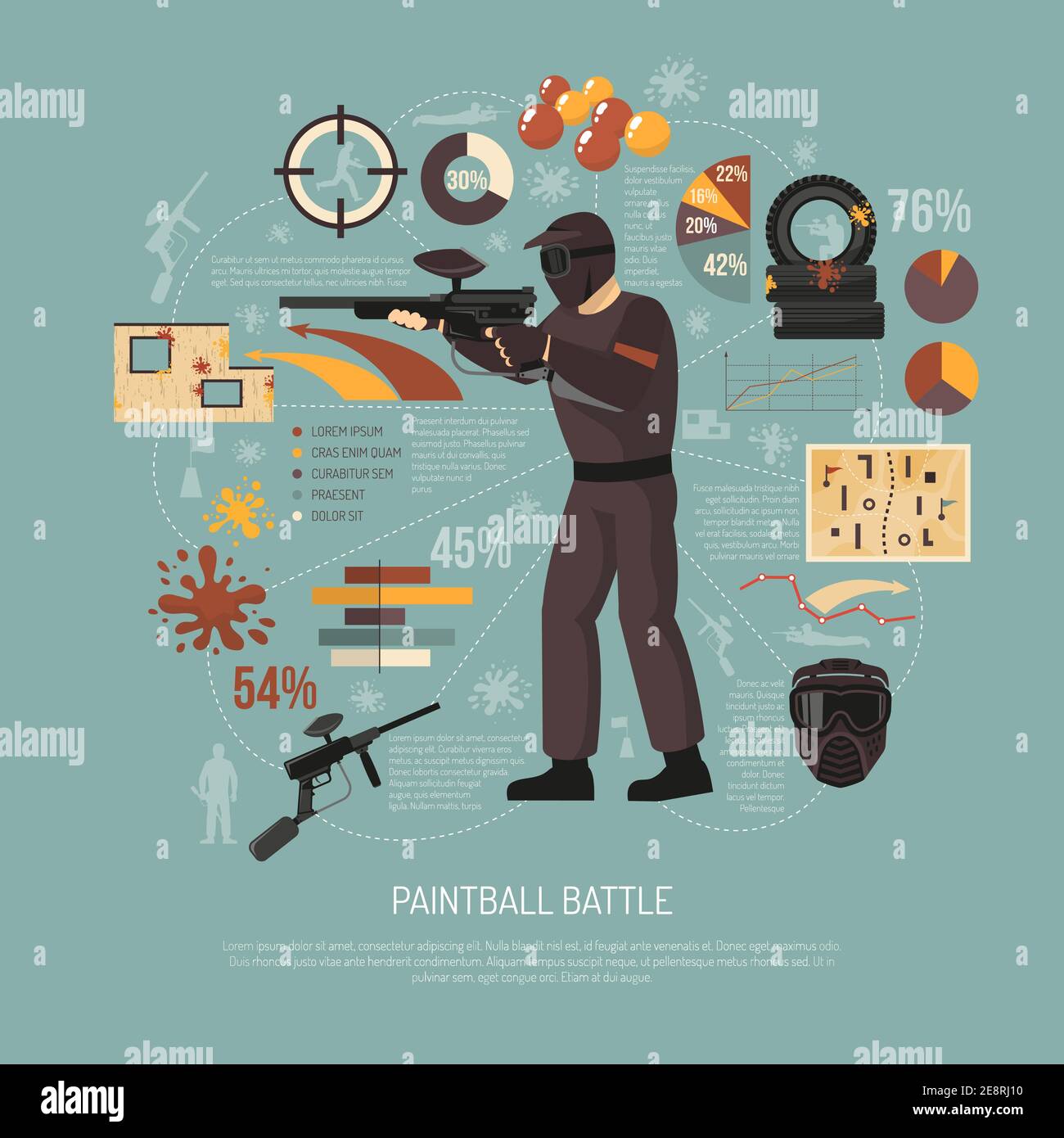 Paintball player battle results and game stuff flat vector illustration ...