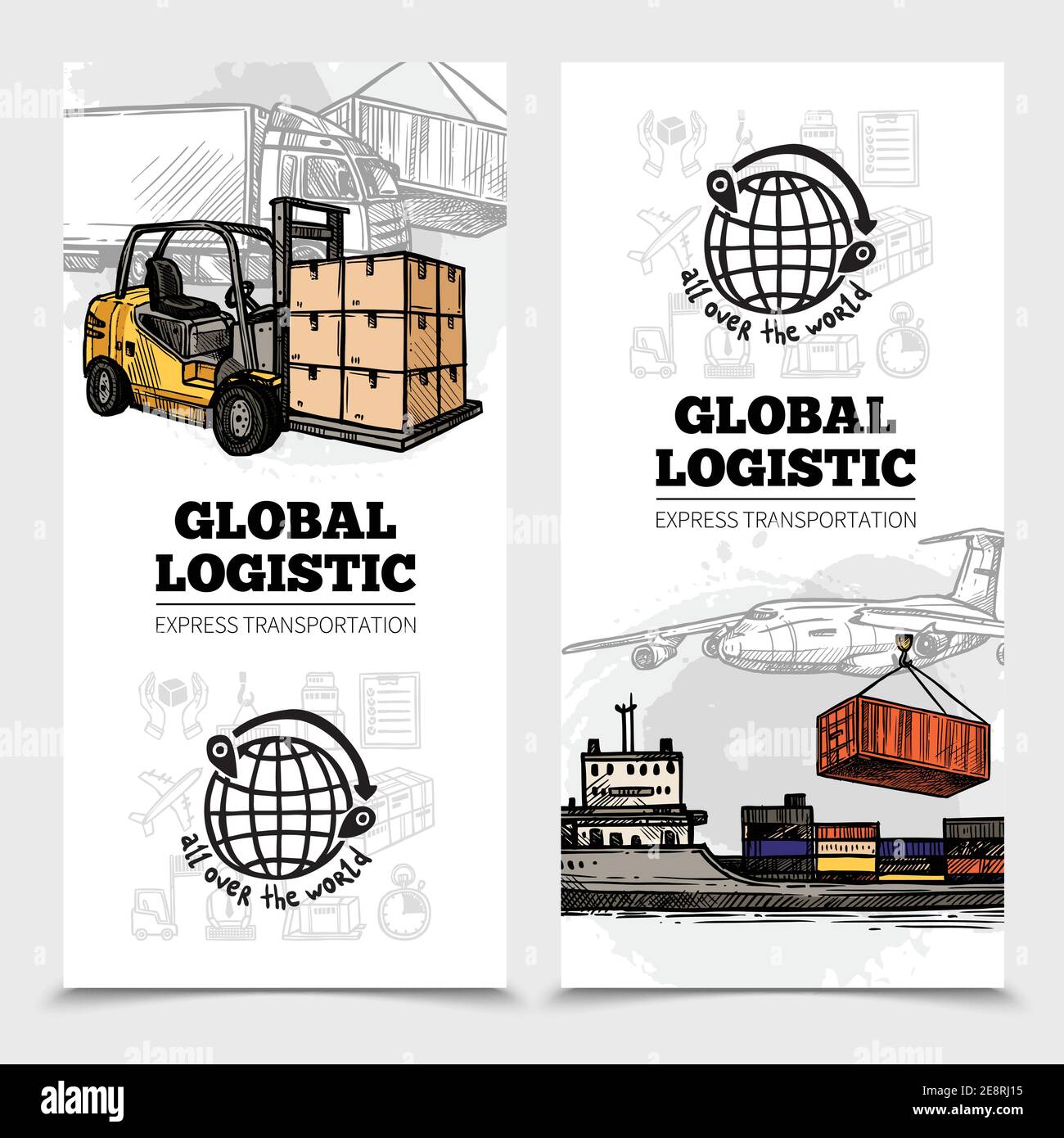 Global logistics vertical banners with land sea air vehicles and ...