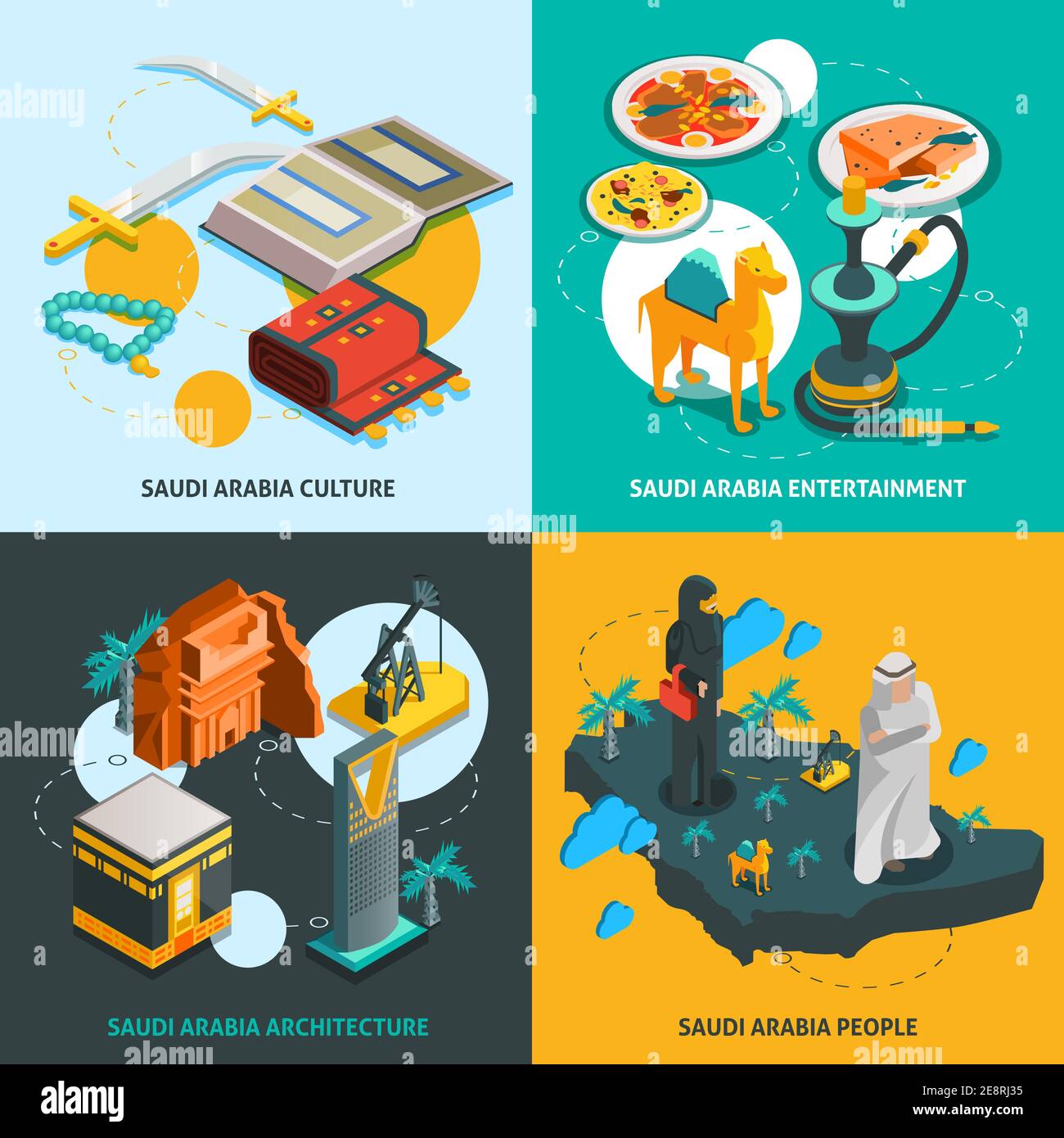 Saudi Arabia touristic isometric concept with arabian cultural elements ...